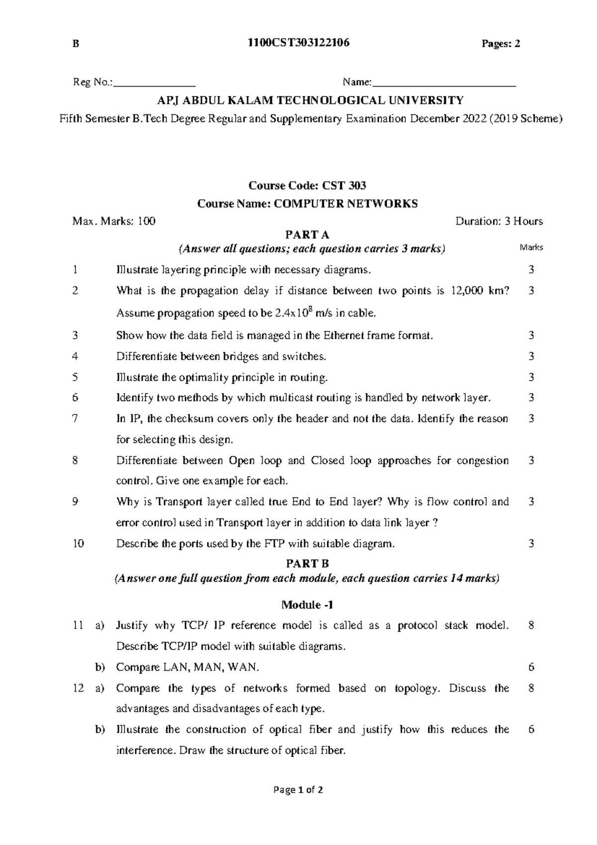 CST303 December 2022 - Question Paper of CST 303 - 1100CST30312210 6 Page 1 of 2 Course Code ...