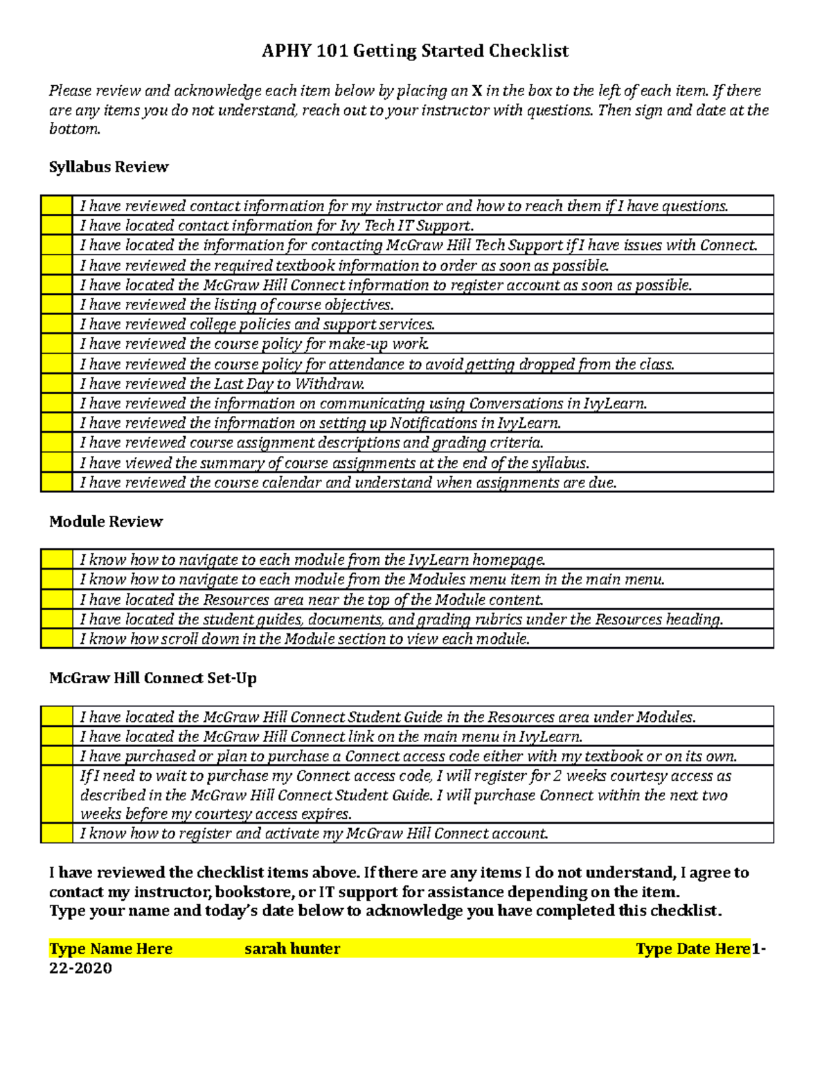 APHY 101 Getting Started Checklist - APHY 101 Getting Started Checklist ...