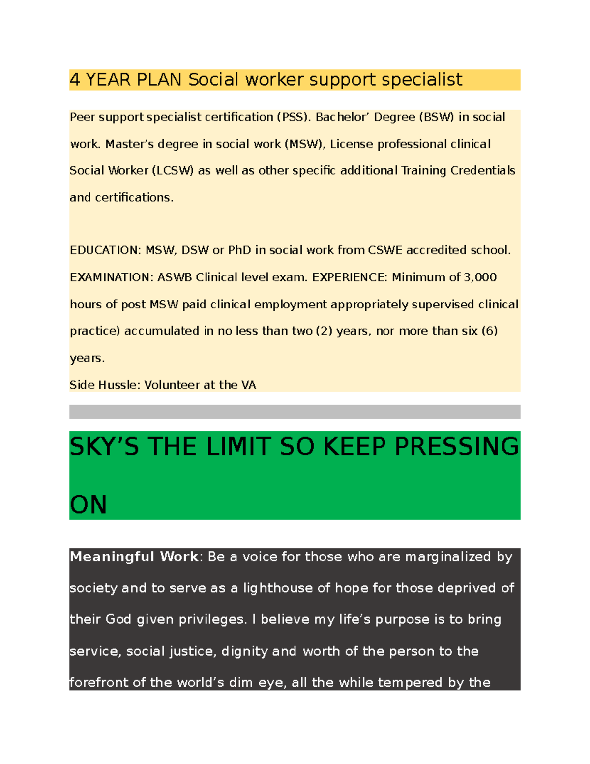 4 YEAR PLAN Social worker support specialist - Bachelor’ Degree (BSW ...