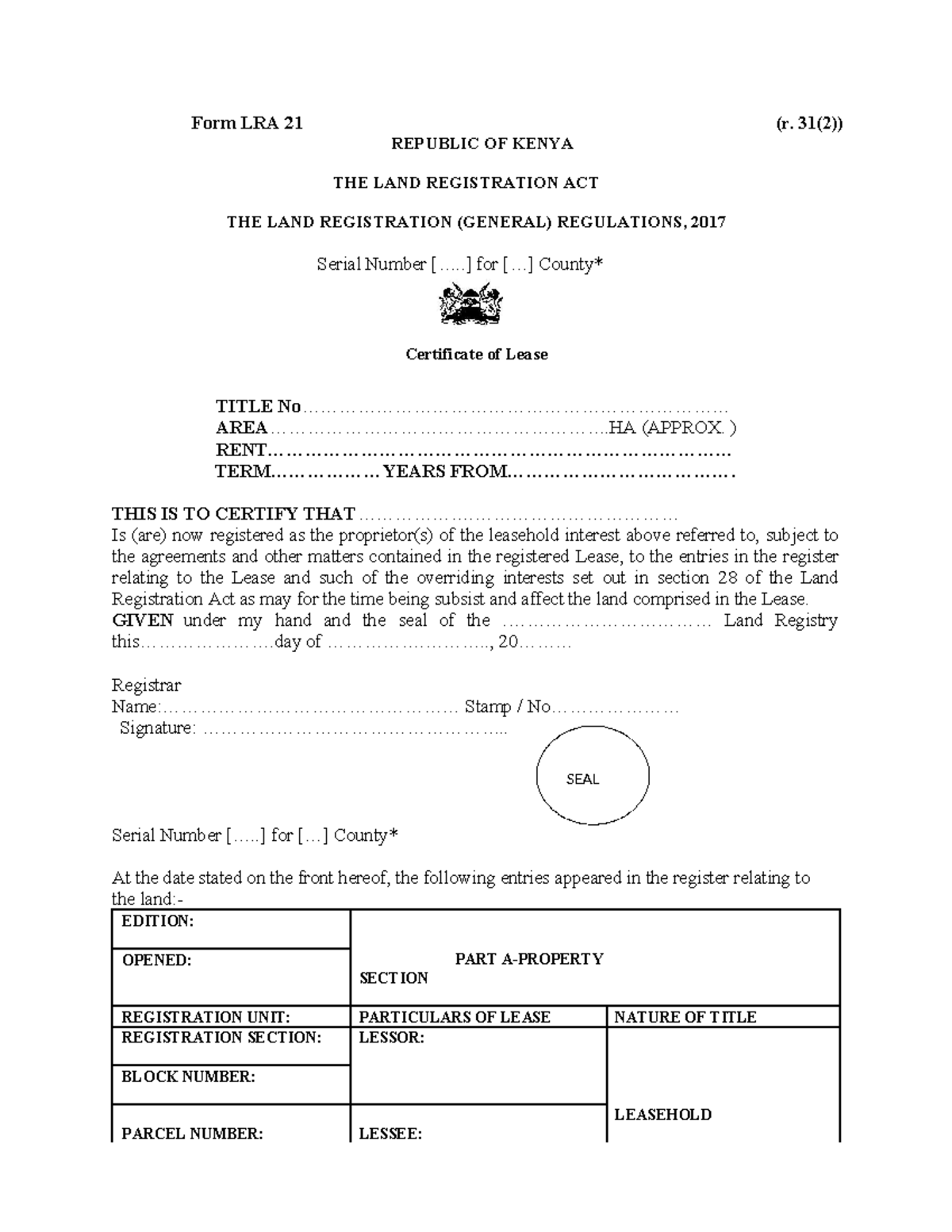 Form LRA 21 Certificate of Lease - Form LRA 21 (r. 31(2)) REPUBLIC OF ...