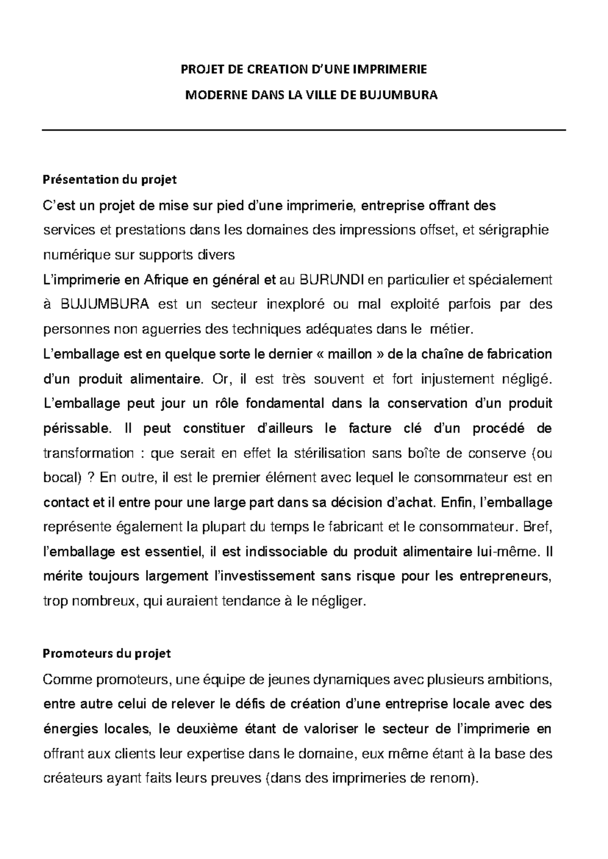 Projetimprimerie Moderne - PROJET DE CREATION D’UNE IMPRIMERIE MODERNE ...