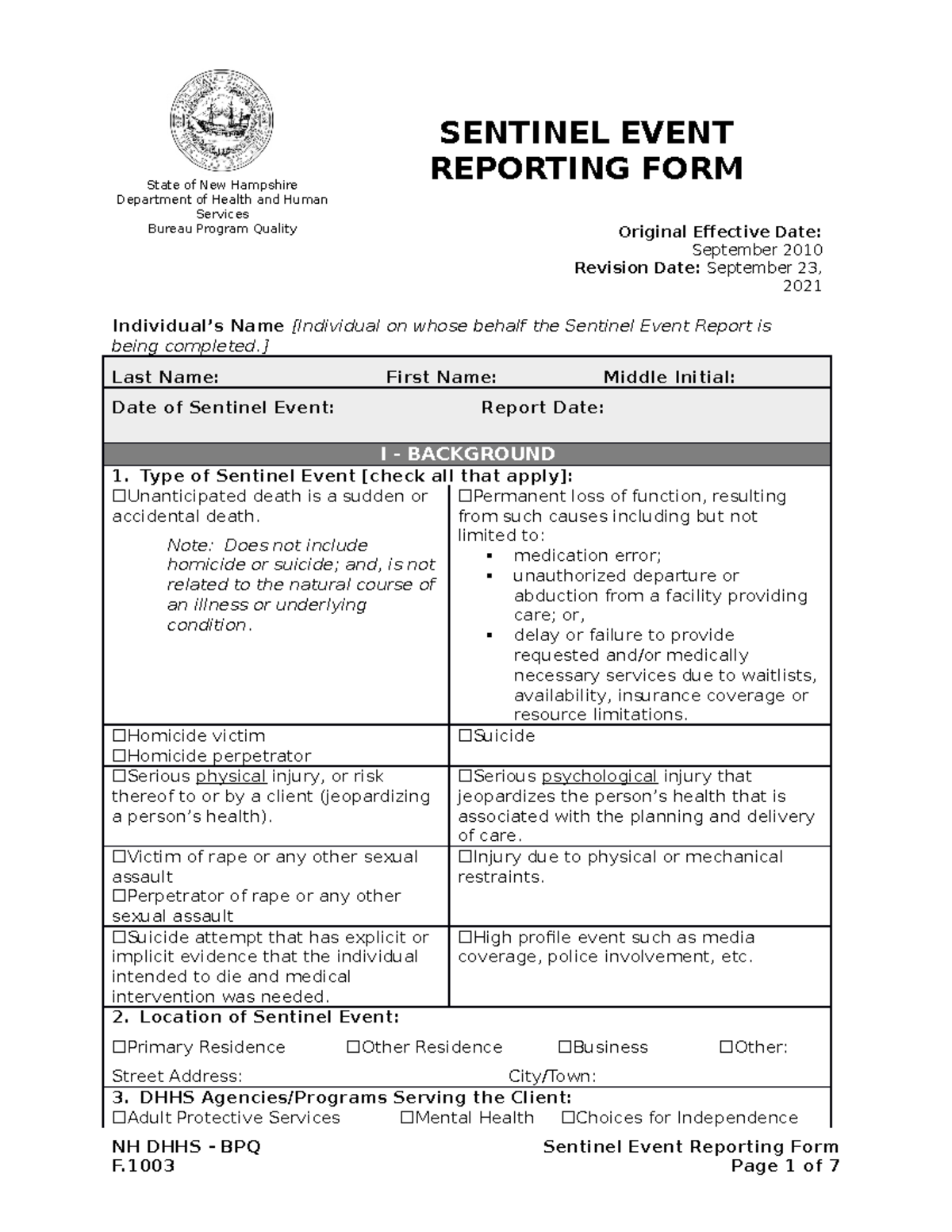 Sentinel event reporting form - State of New Hampshire Department of ...