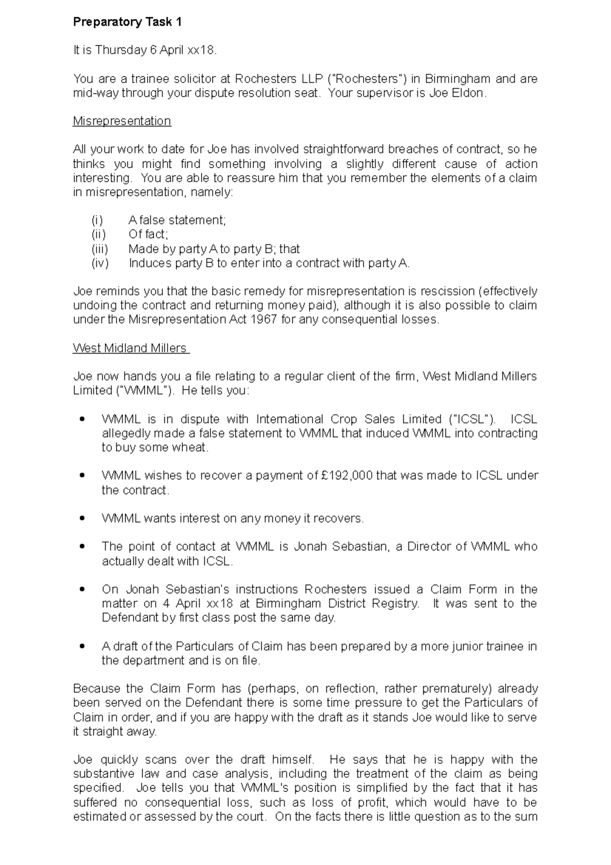 Dispute Resolution - Workshop - Preparatory Task 1 It is Thursday 6 ...