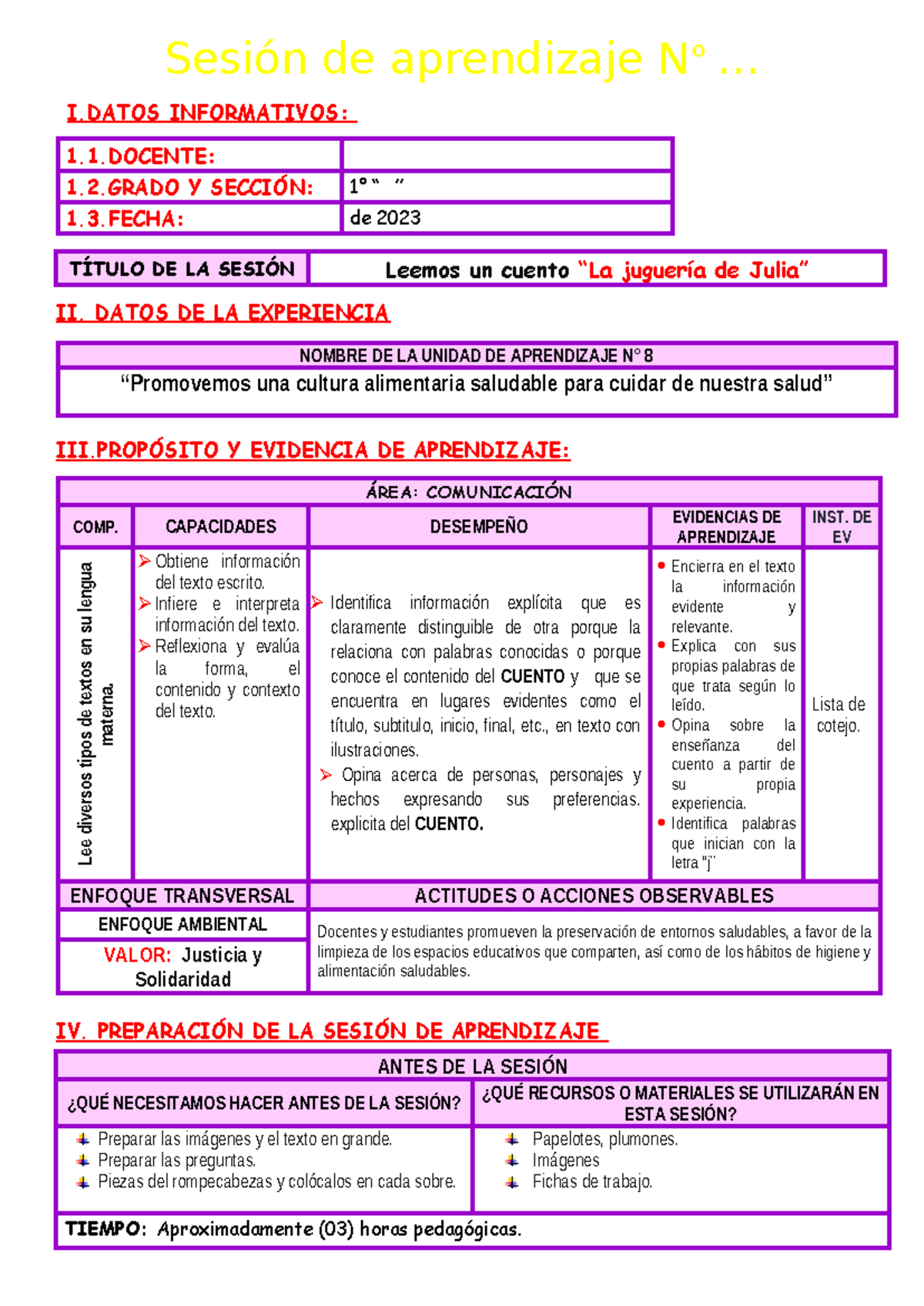 Sesión Leemos UN Cuento LA Juguería DE Julia - Sesión de aprendizaje N° ... I INFORMATIVOS: 1.1 ...
