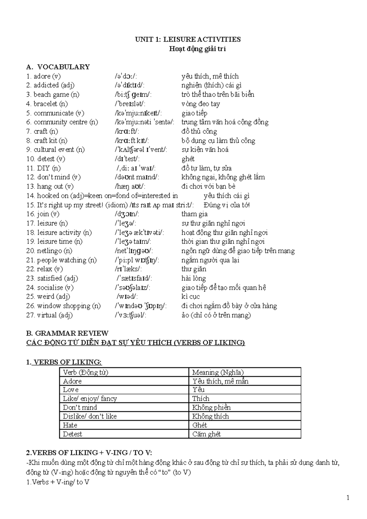BAI TAP ANH MOI TUNG TEST - UNIT 1: LEISURE ACTIVITIES Hoạt động giải ...