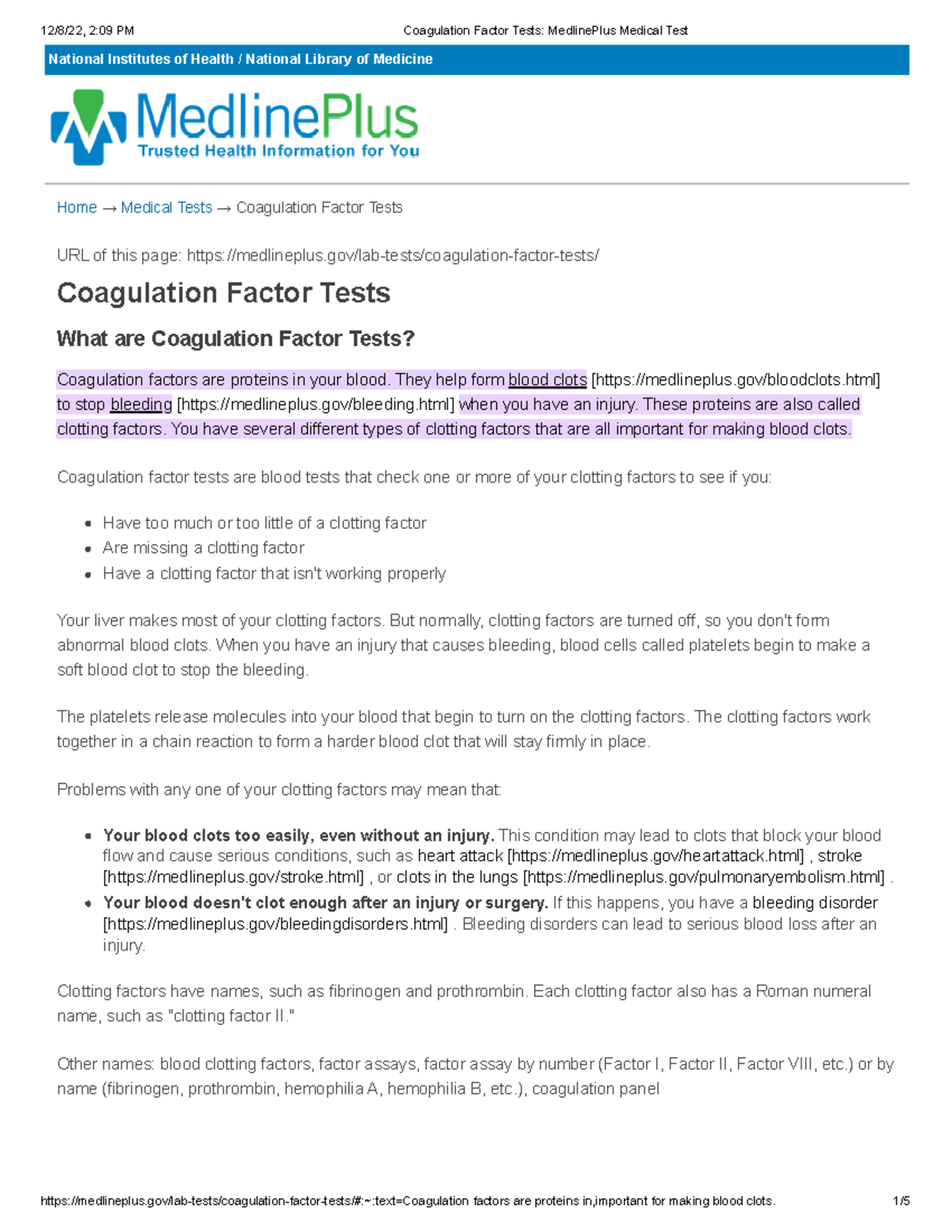 Coagulation Factor Tests Medline Plus Medical Test - Home → Medical ...