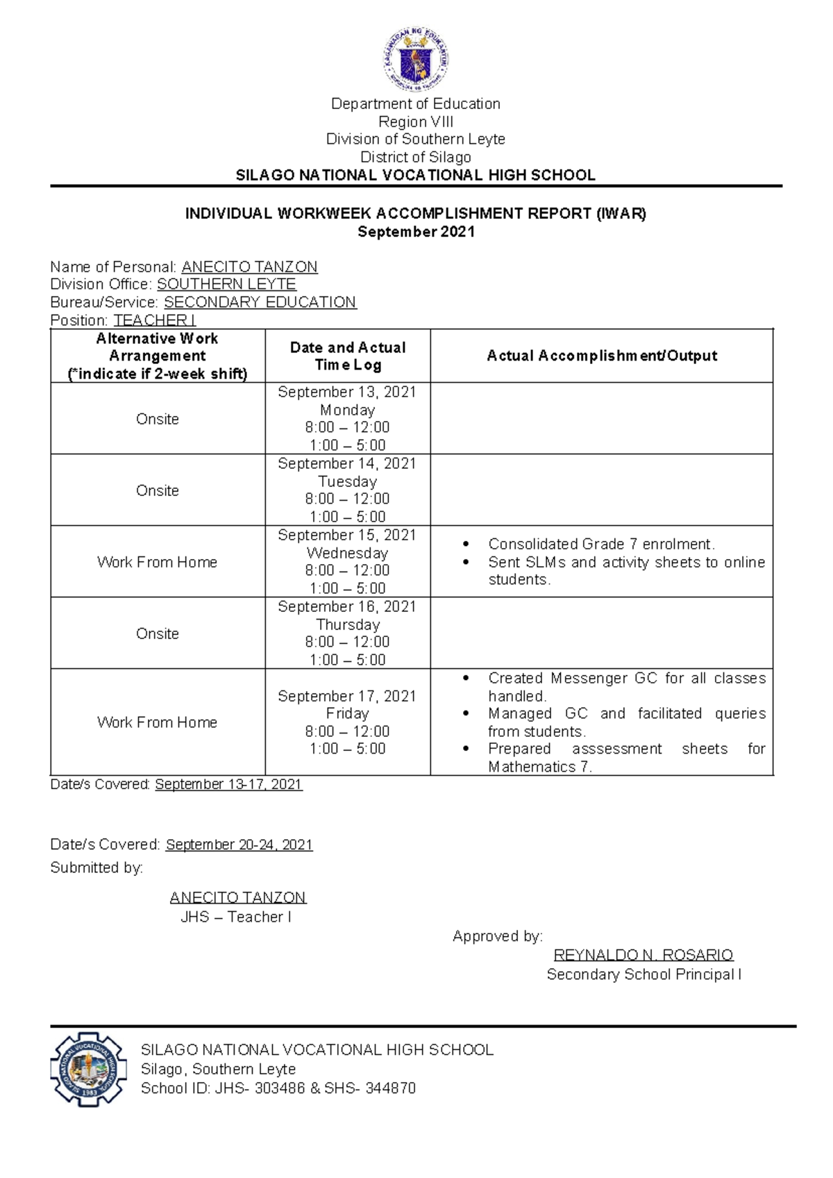 SEPT 2021 IWAR - Department of Education Region VIII Division of ...