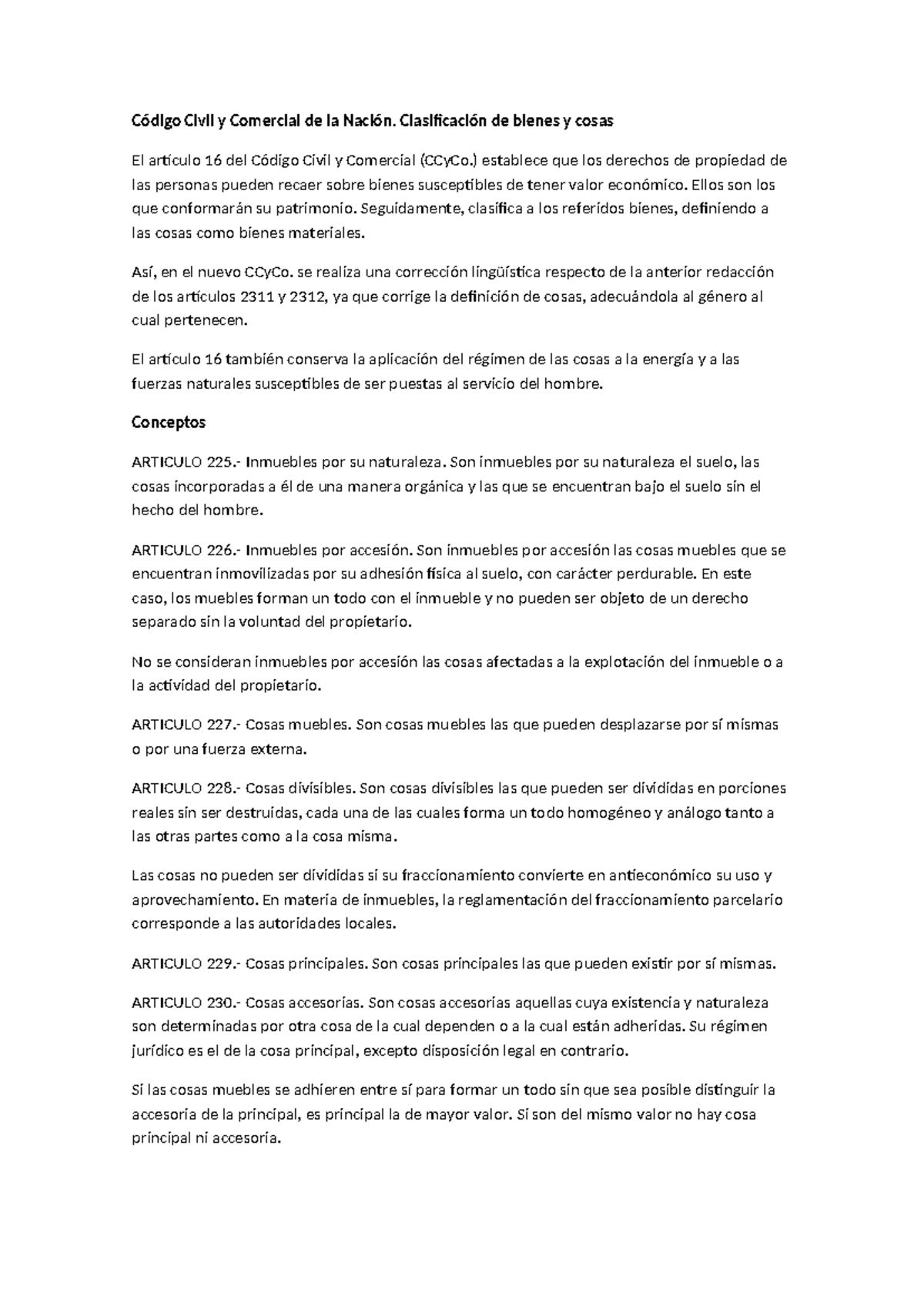 Unidad 1 - Bienes y Cosas - Código Civil y Comercial de la Nación. Clasificación de bienes y ...