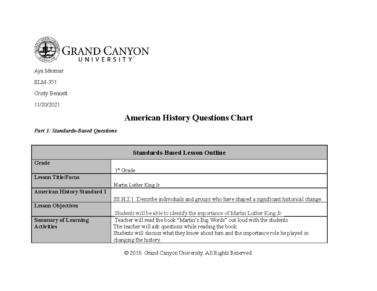 ELM-351-American History Questions Chart - Aya Mesmar ELM- Cristy ...