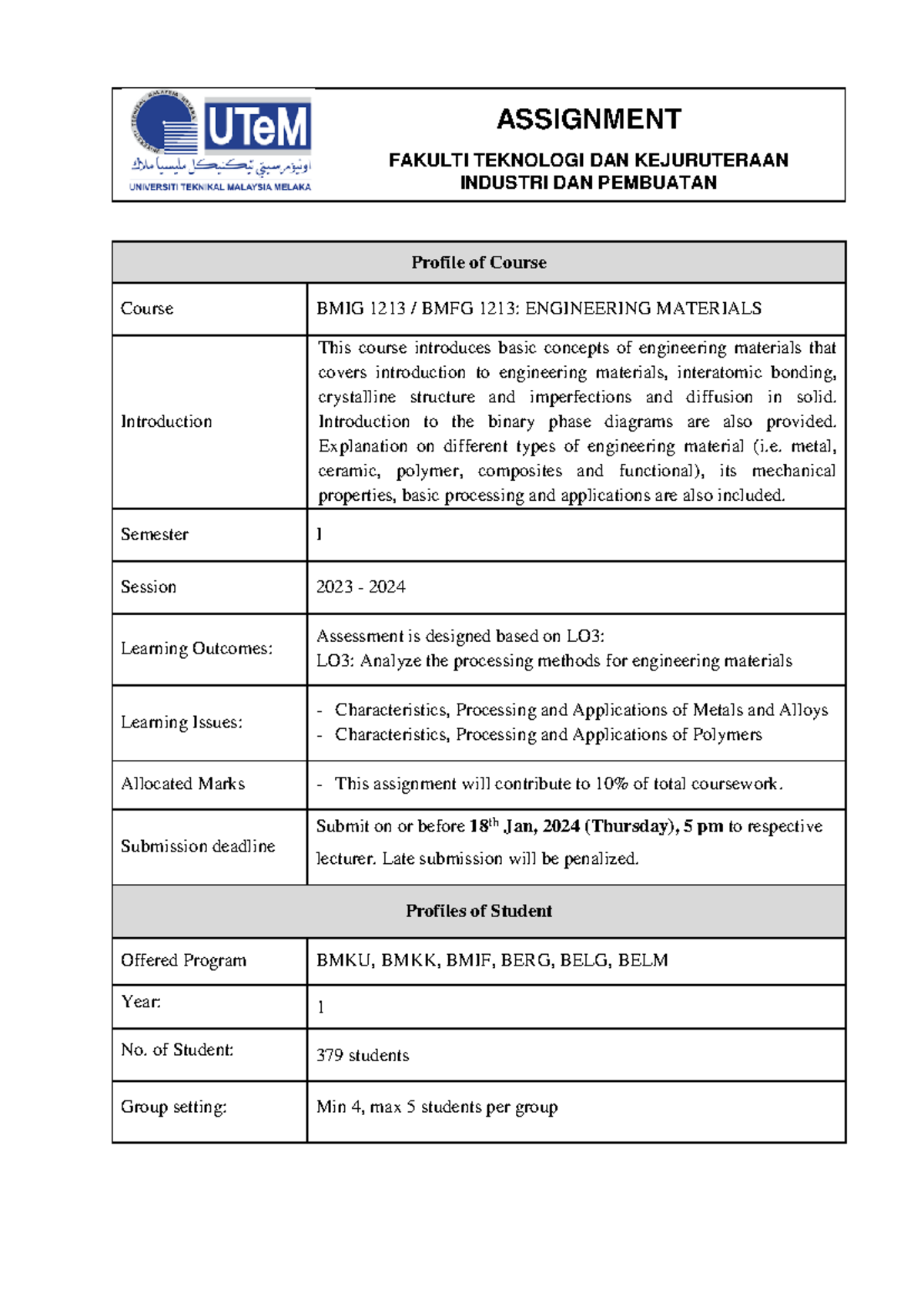 BMIG BMFG 1213 Engineering Materials - Assignment - Profile of Course Course BMIG 1213 / BMFG ...