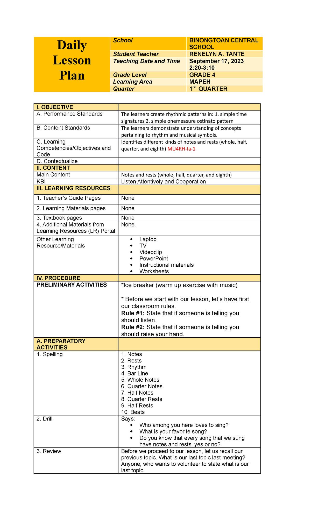 DLP Music 4 - good - Daily Lesson Plan School BINONGTOAN CENTRAL SCHOOL ...