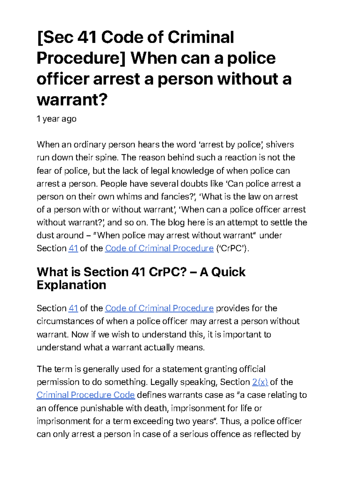 Arrest by Police under Cr PC Sec 41 SCC Blog - [Sec 41 Code of Criminal ...