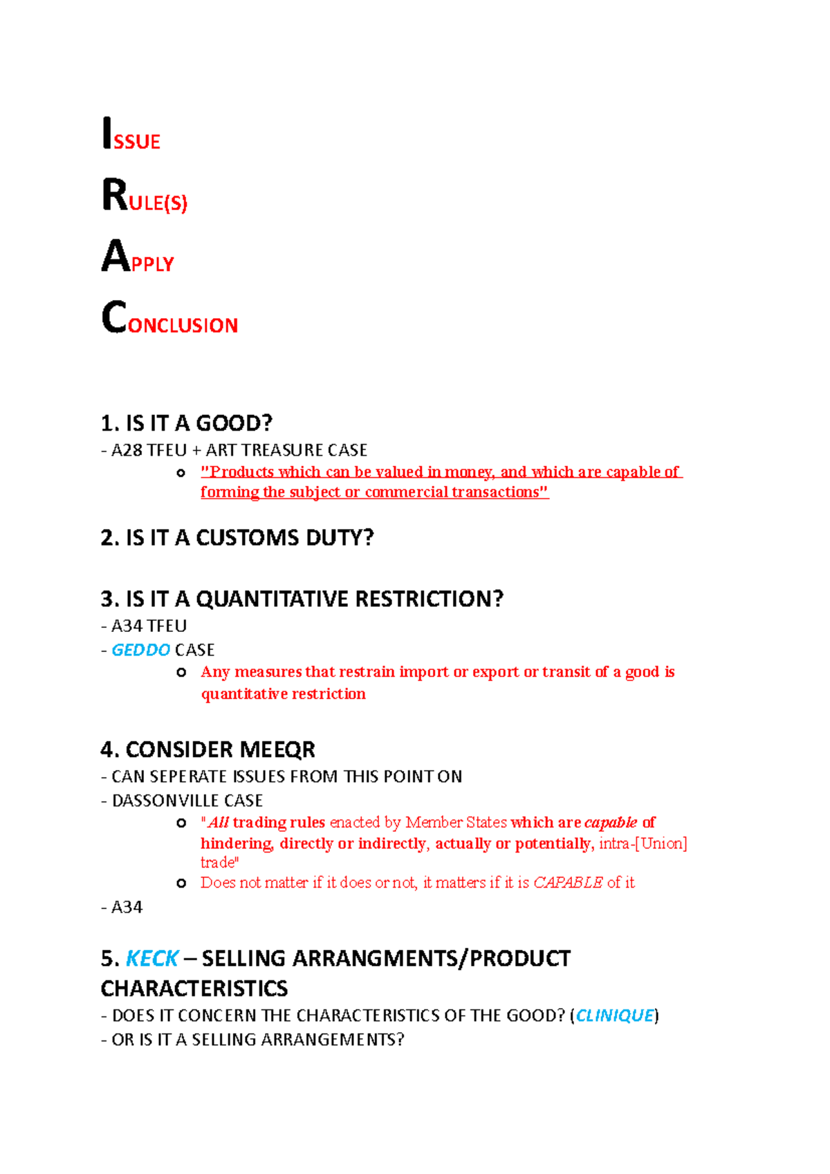 IRAC General Structure For EU Law Problem Questions ISSUE RULE S