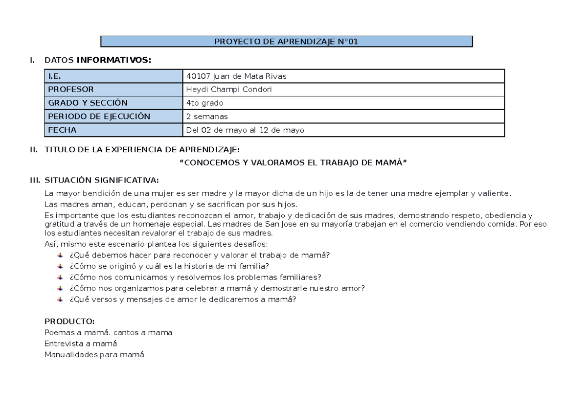 4° Grado - Proyecto DE Aprendizaje N°01 - PROYECTO DE APRENDIZAJE N° I. DATOS INFORMATIVOS: I ...