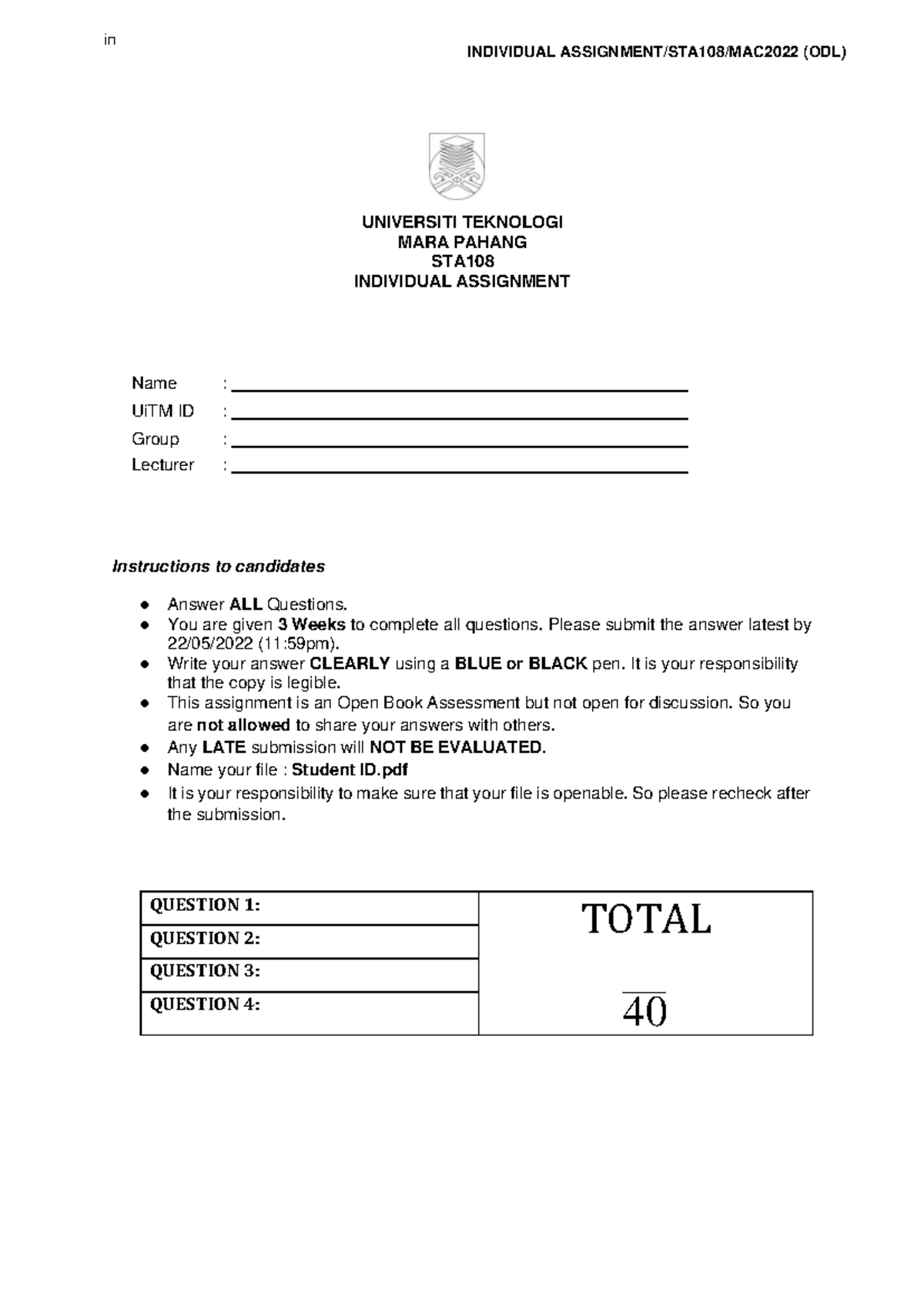 Individual Assignment - INDIVIDUAL ASSIGNMENT/STA108/MAC2022 (ODL) in UNIVERSITI TEKNOLOGI MARA ...