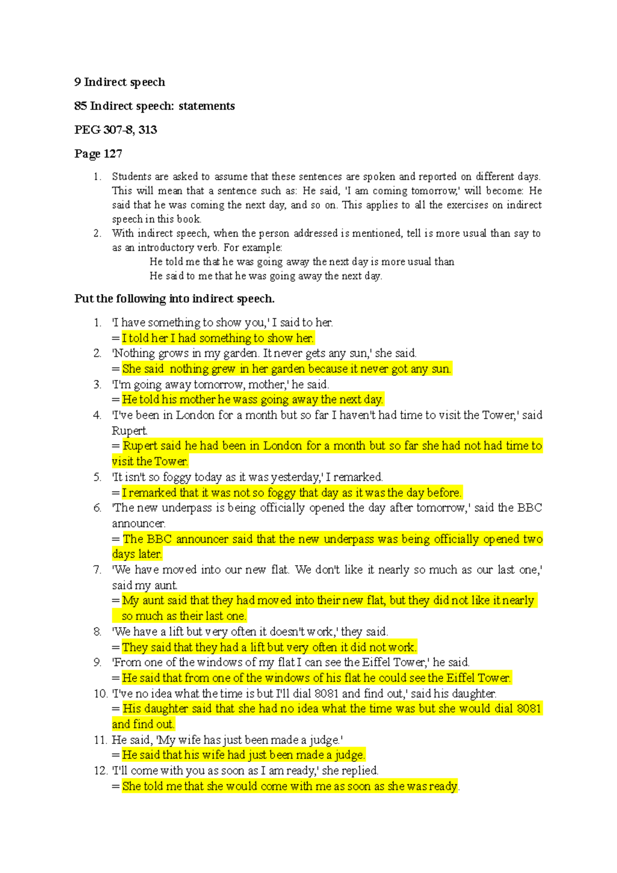 Practice 11 Indirect Speech - 9 Indirect speech 85 Indirect speech ...