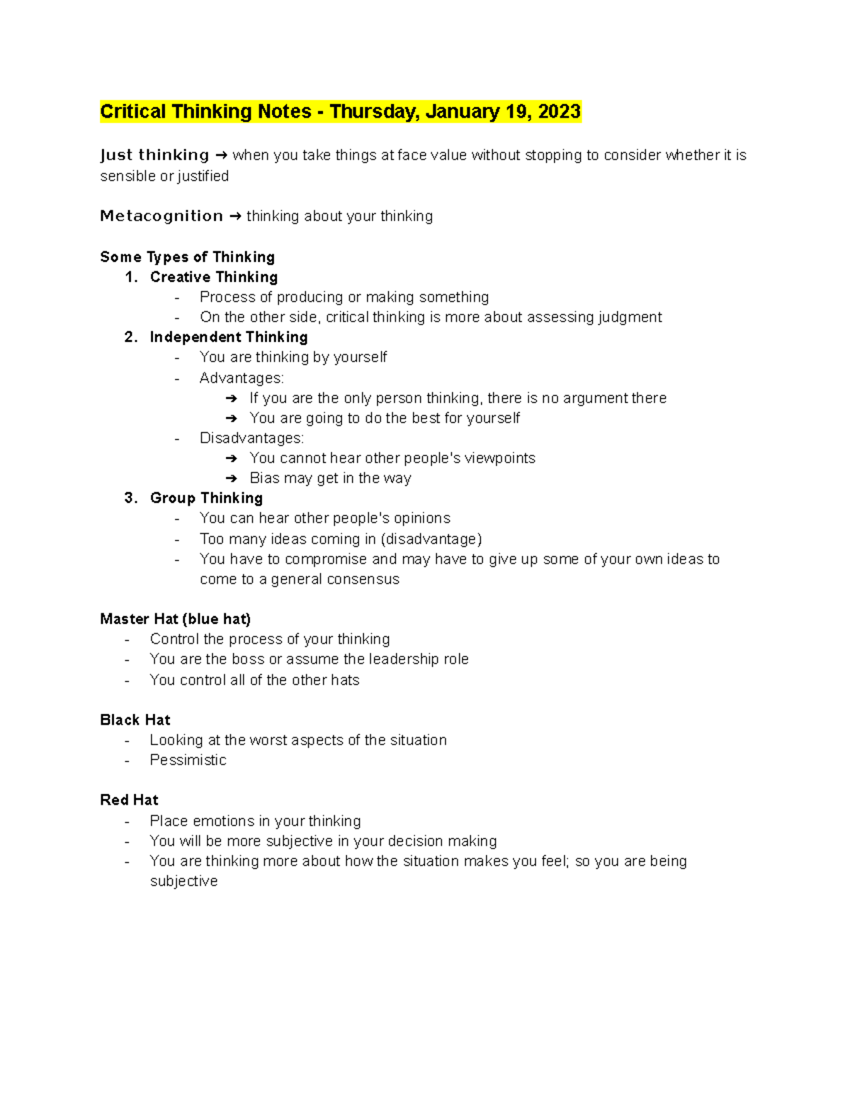 Critical Thinking Notes Week 1 - Critical Thinking Notes - Thursday ...