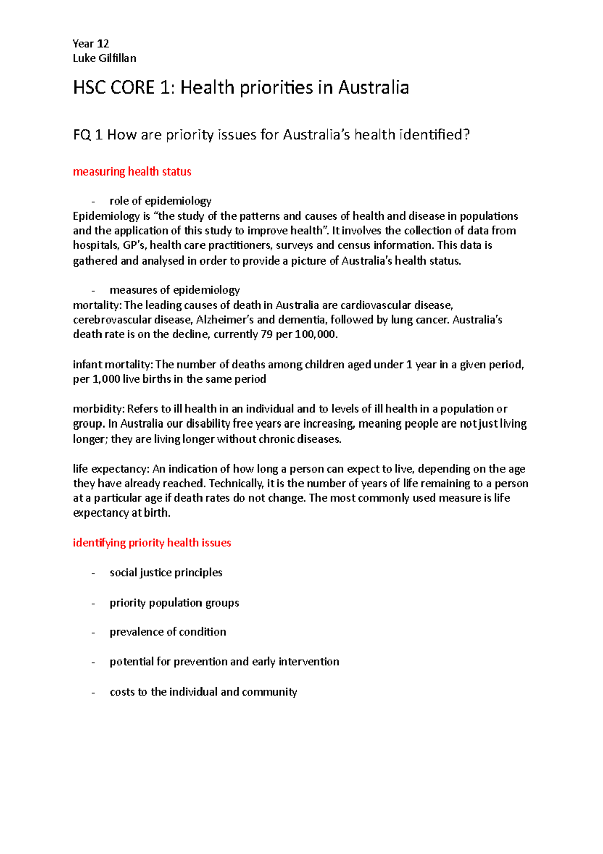 HSC CORE 1 lecture notes - Luke Gilfillan HSC CORE 1: Health priorities ...