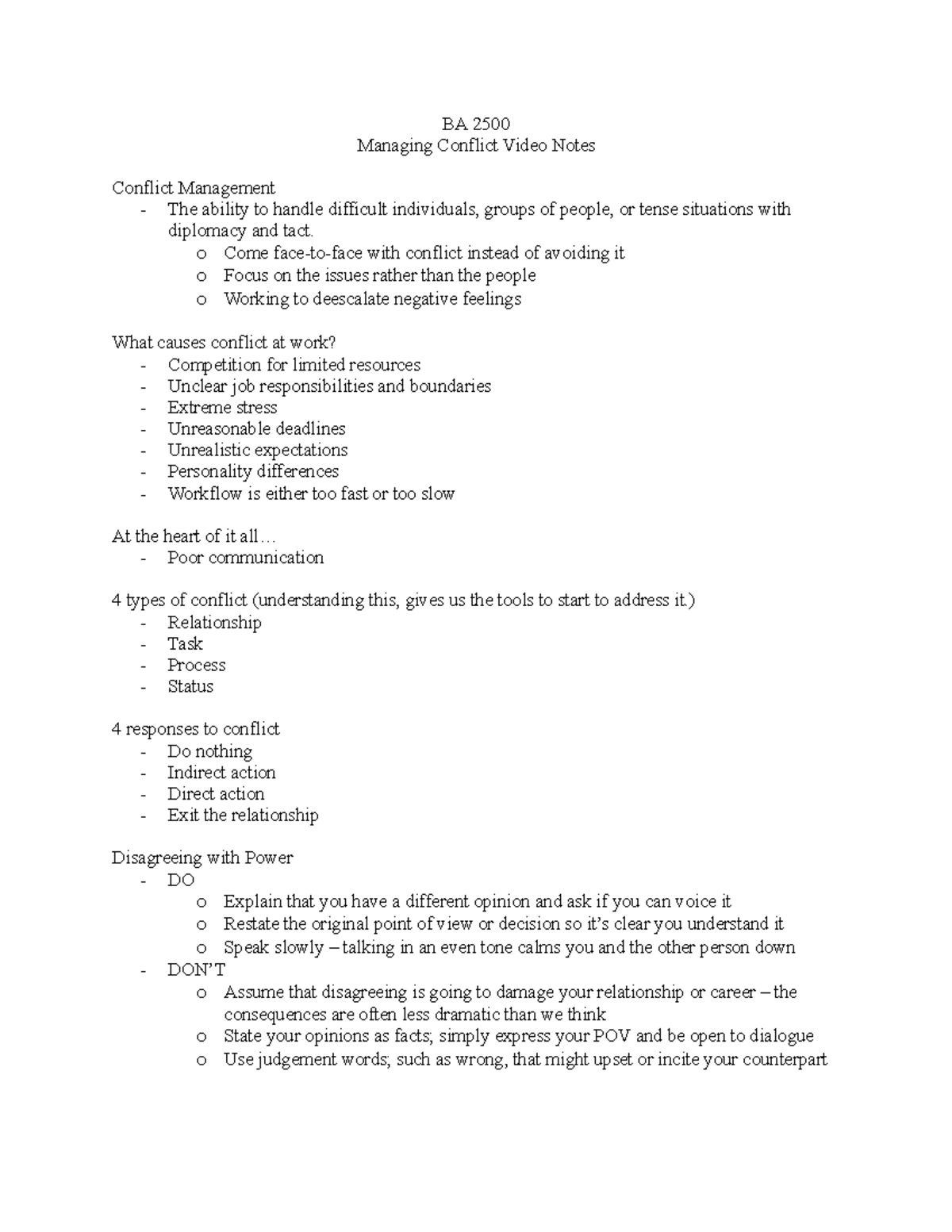 Managing Conflict - BA 2500 Managing Conflict Video Notes Conflict ...