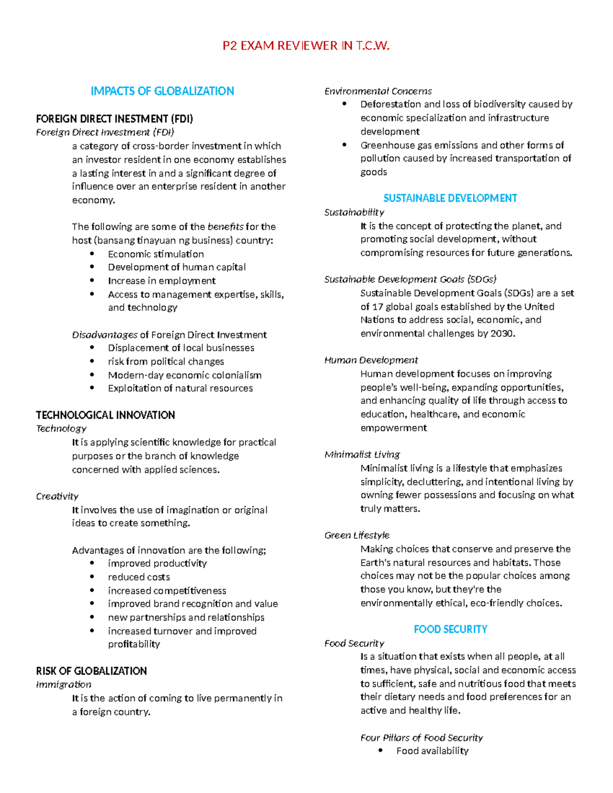 TCW P2 EXM SMR Class reviewer 1 - P2 EXAM REVIEWER IN T.C. IMPACTS OF ...
