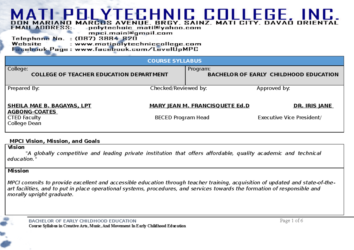 Ece 5 - COURSE SYLLABUS College: COLLEGE OF TEACHER EDUCATION ...