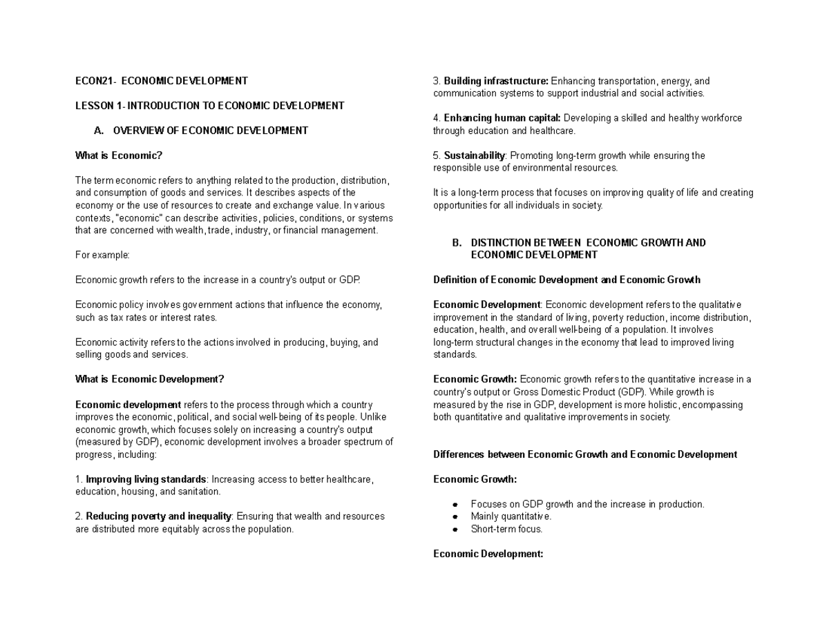 Econ 21 Lesson 1-5 - ECON21- ECONOMIC DEVELOPMENT LESSON 1- INTRODUCTION TO ECONOMIC DEVELOPMENT ...
