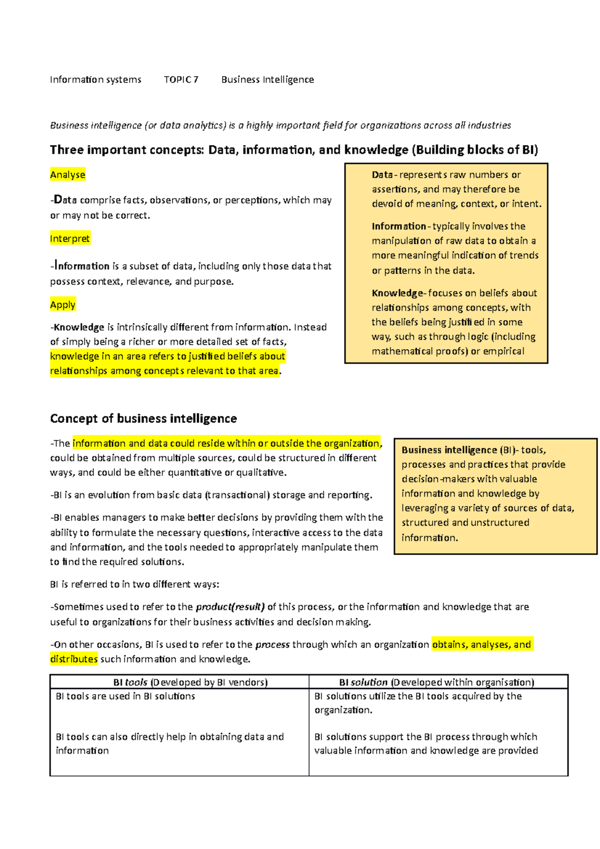 Topic 7 BI - Explaning Important concepts - Information systems TOPIC 7 ...