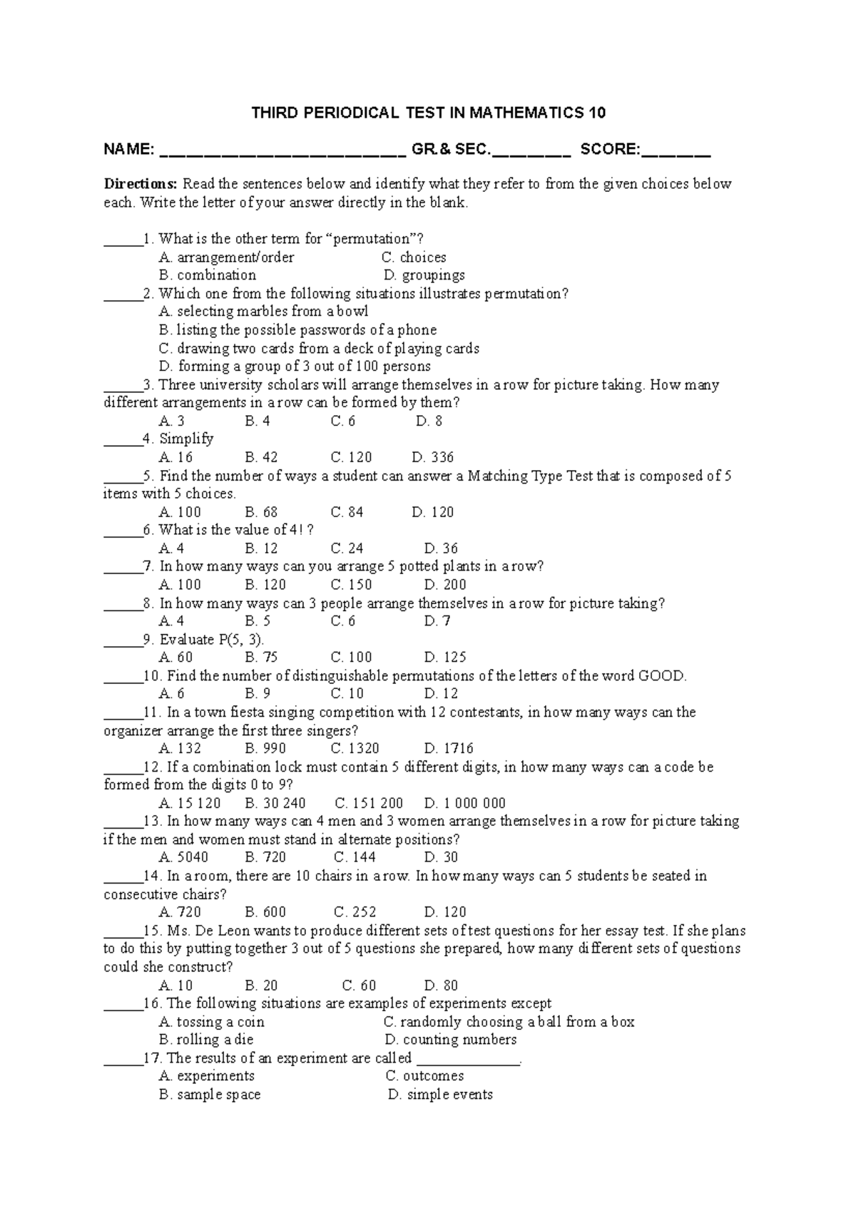 Math Mock Exam - Mathematics 3rd Quater G10 - THIRD PERIODICAL TEST IN ...