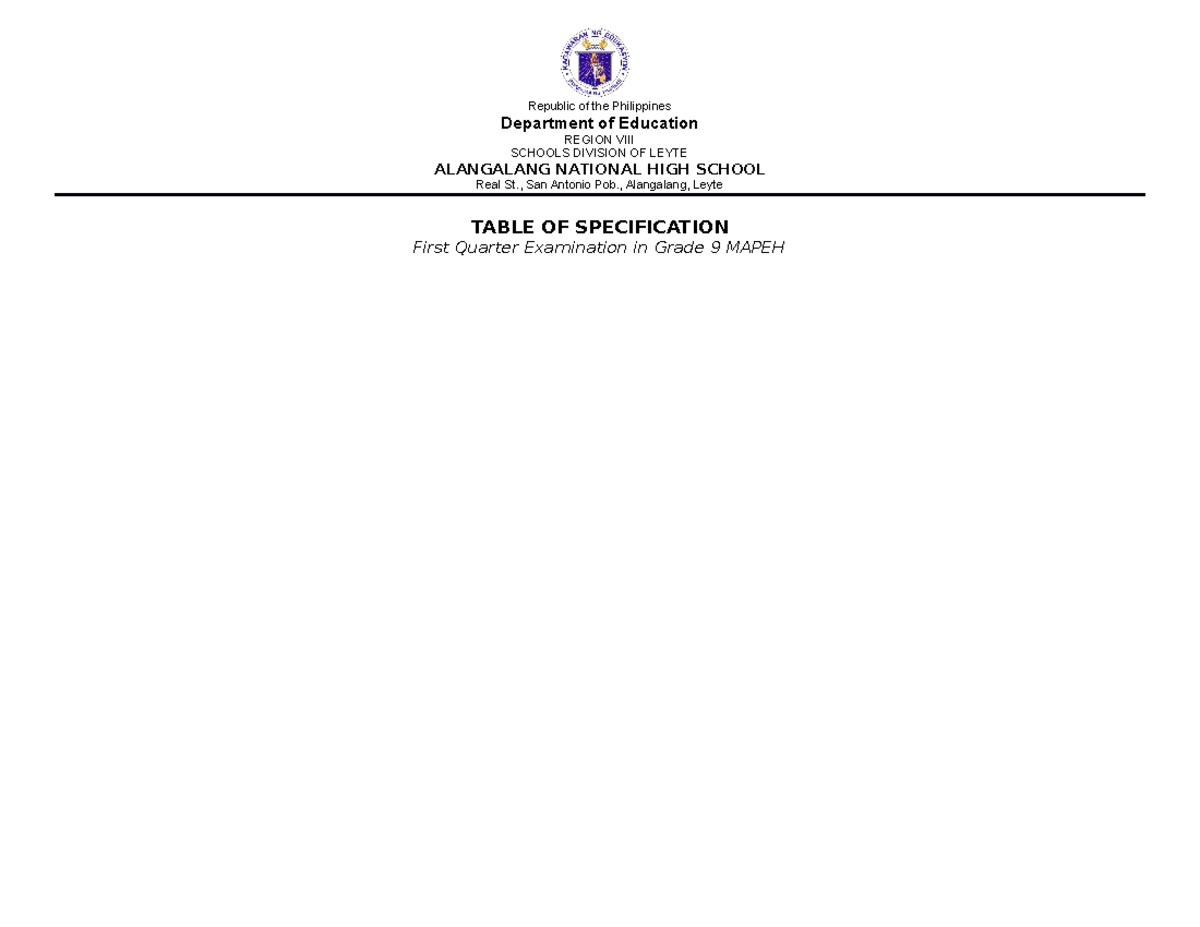 1st Q TOS - guide - Republic of the Philippines Department of Education ...