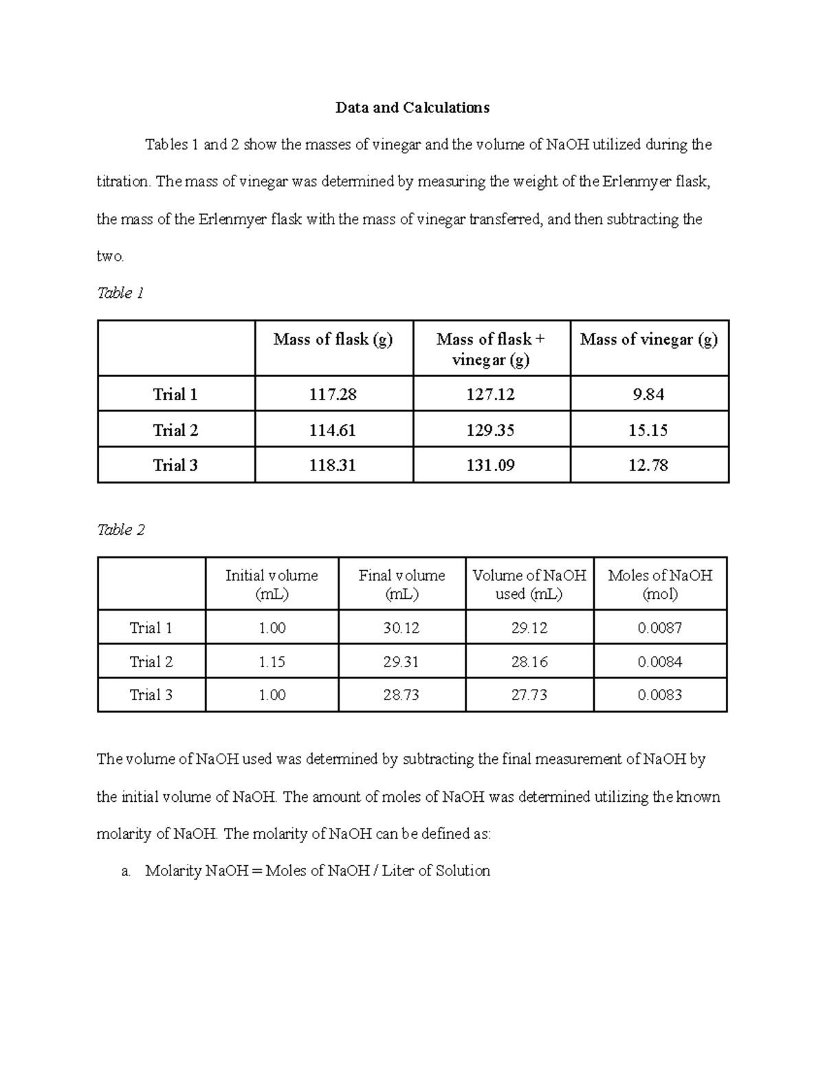 Chem 125 Data and Calc - calculations in formal report - Data and ...