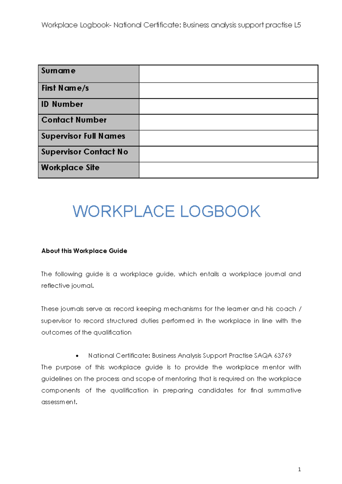 Business Analysis Support Practice Logbook L5 - INTRODUCTION About this ...