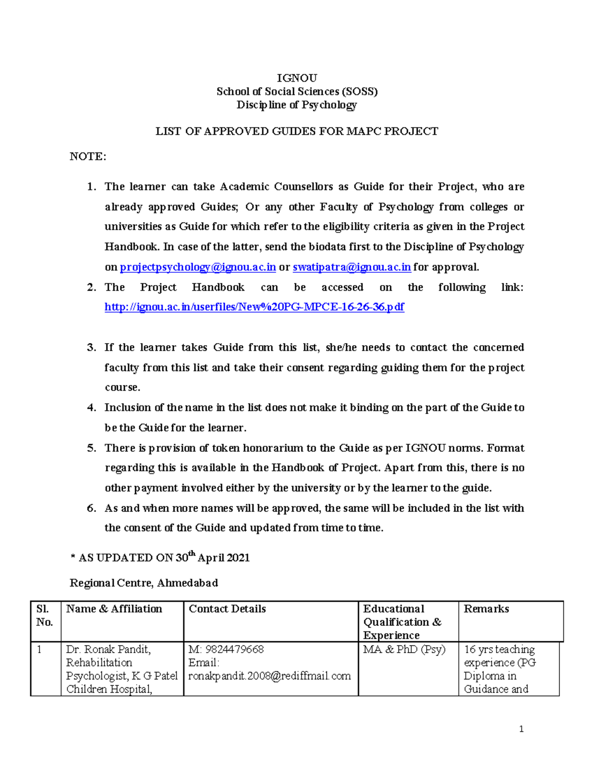 NEW LIST OF Approved Guides-MAPC Project-30 4 2021 - IGNOU School of ...