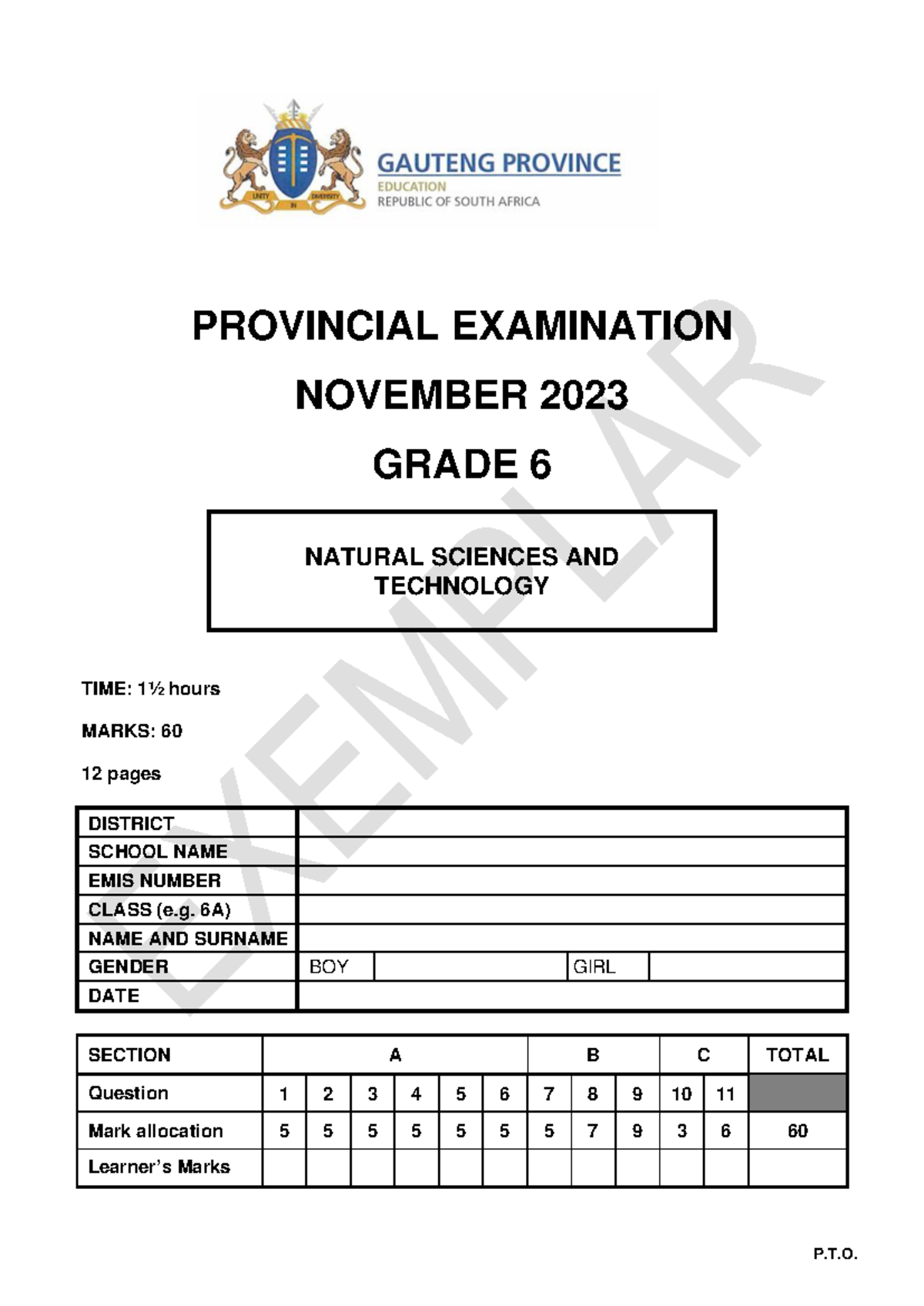 Gr 6 NST (English) Question Paper - PROVINCIAL EXAMINATION NOVEMBER ...