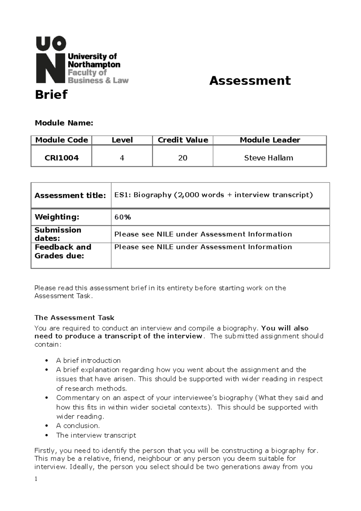 ES1 Additional guidance 2 - Assessment Brief Module Name: Module Code Level Credit Value Module ...