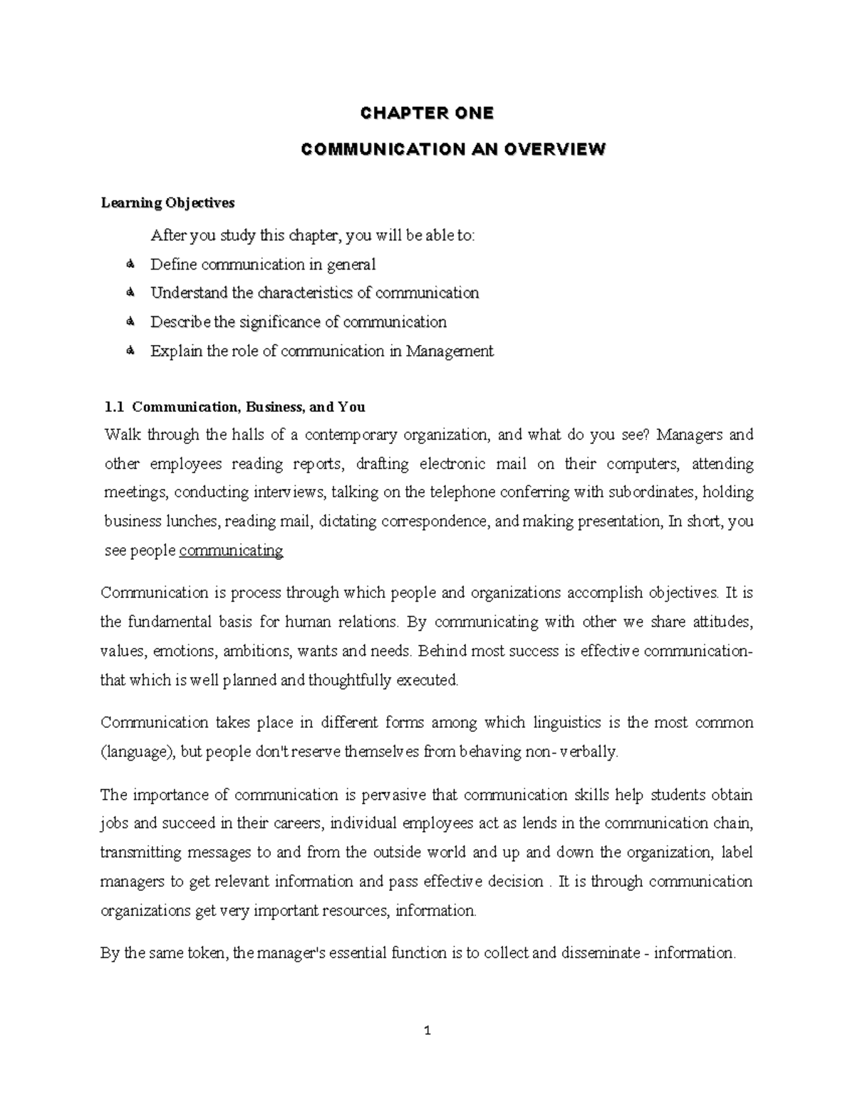 Chapter -1 - CHAPTER ONECHAPTER ONE COMMUNICATION AN OVERVIEW ...