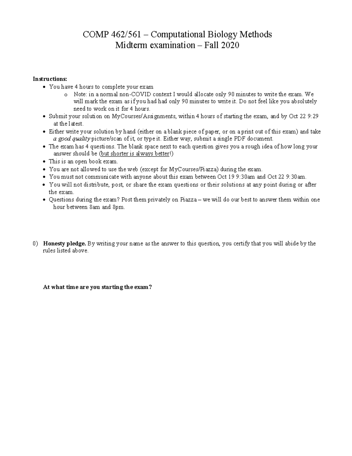Midterm 2020 solution - COMP 462/561 – Computational Biology Methods Midterm examination – Fall ...