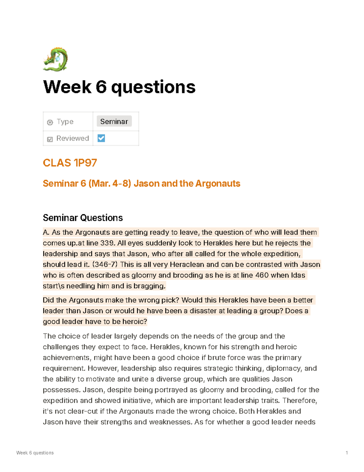 Seminar 6 Questions and Answers - Week 6 questions 1 🐉 Week 6 questions Type Seminar Reviewed ...