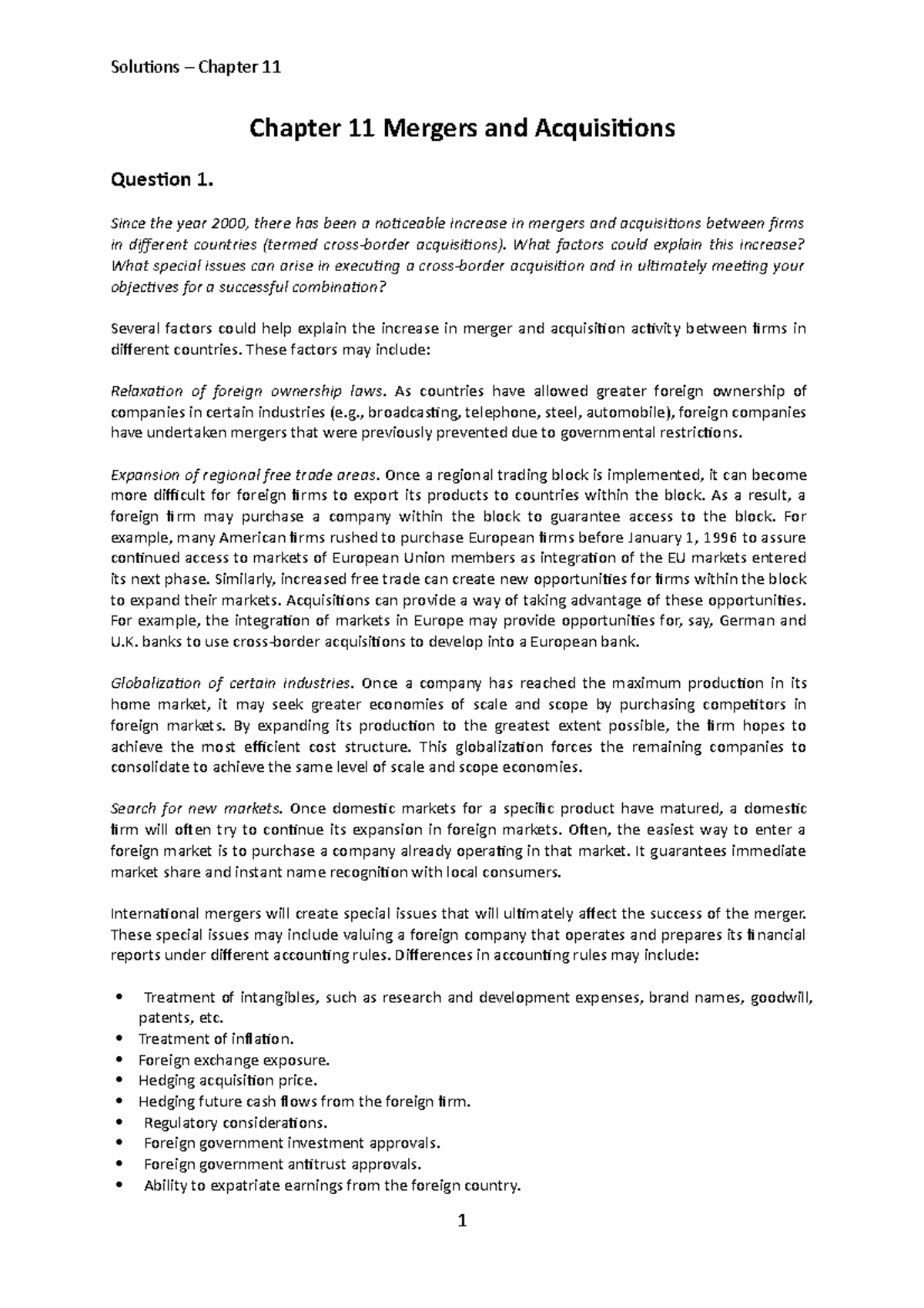 Chapter 11 - solution manual - Chapter 11 Mergers and Acquisitions Question 1. Since the year ...