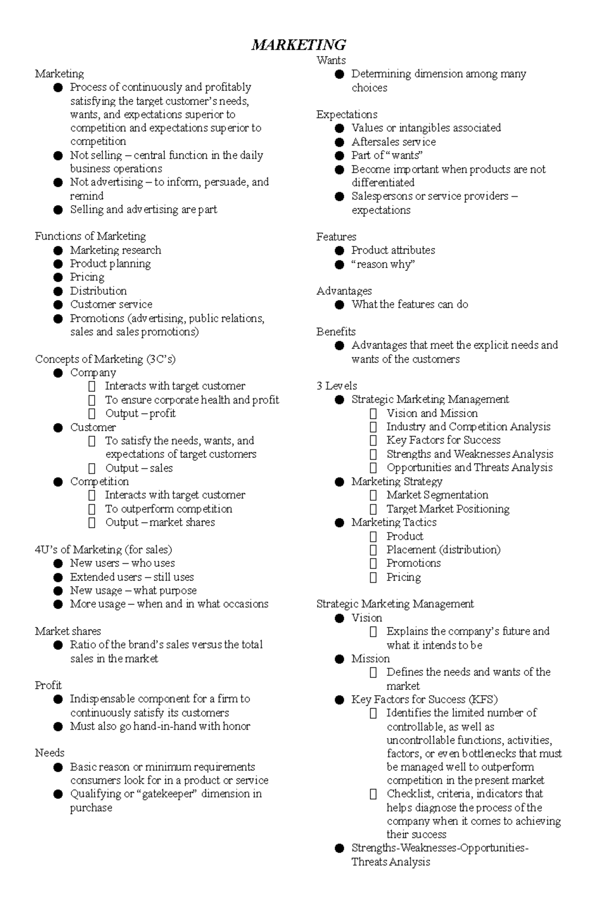 Marketing- Reviewer - compiled notes - MARKETING Marketing Process of ...