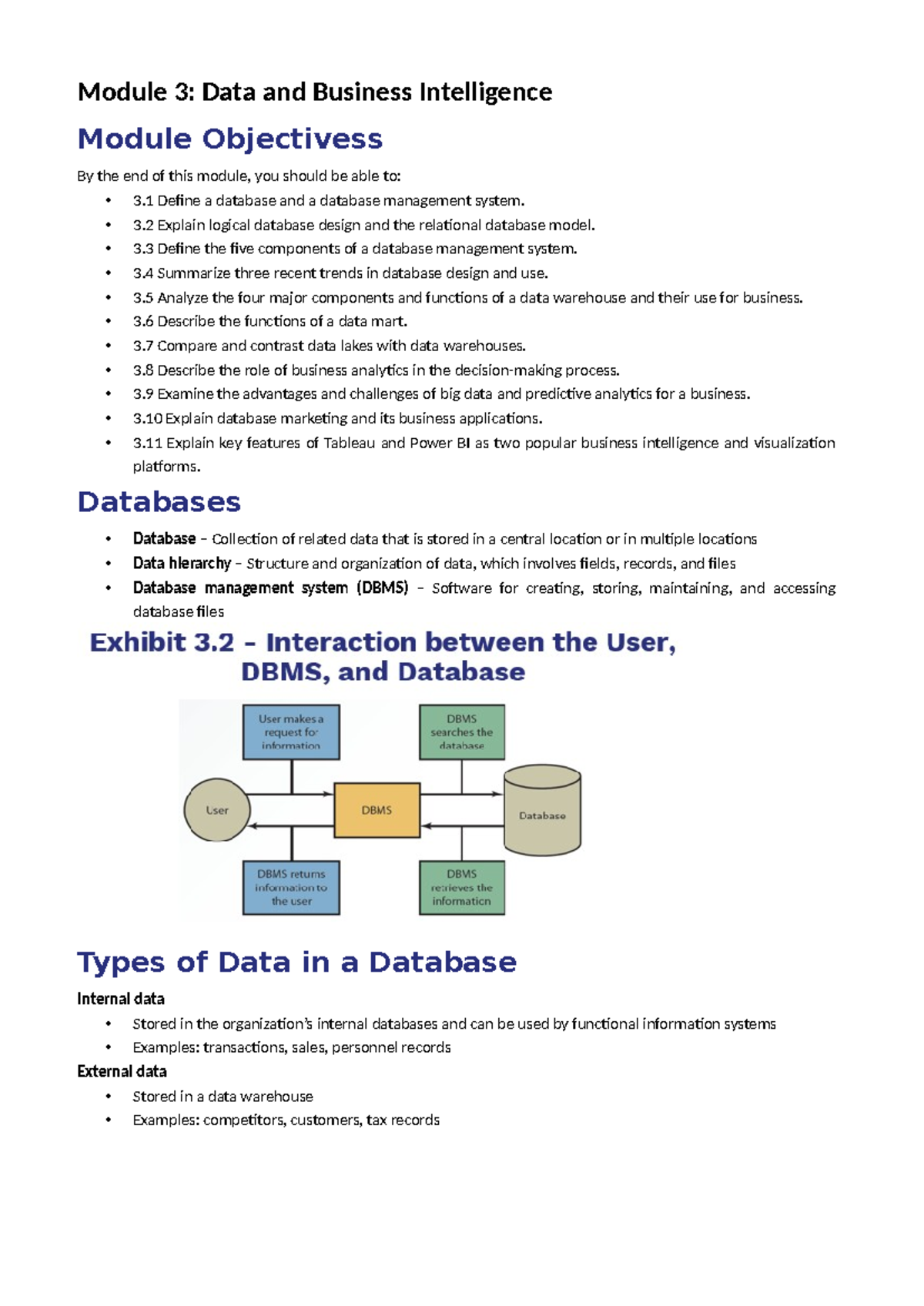 COMM 105 3 - notes - Module 3: Data and Business Intelligence Module ...