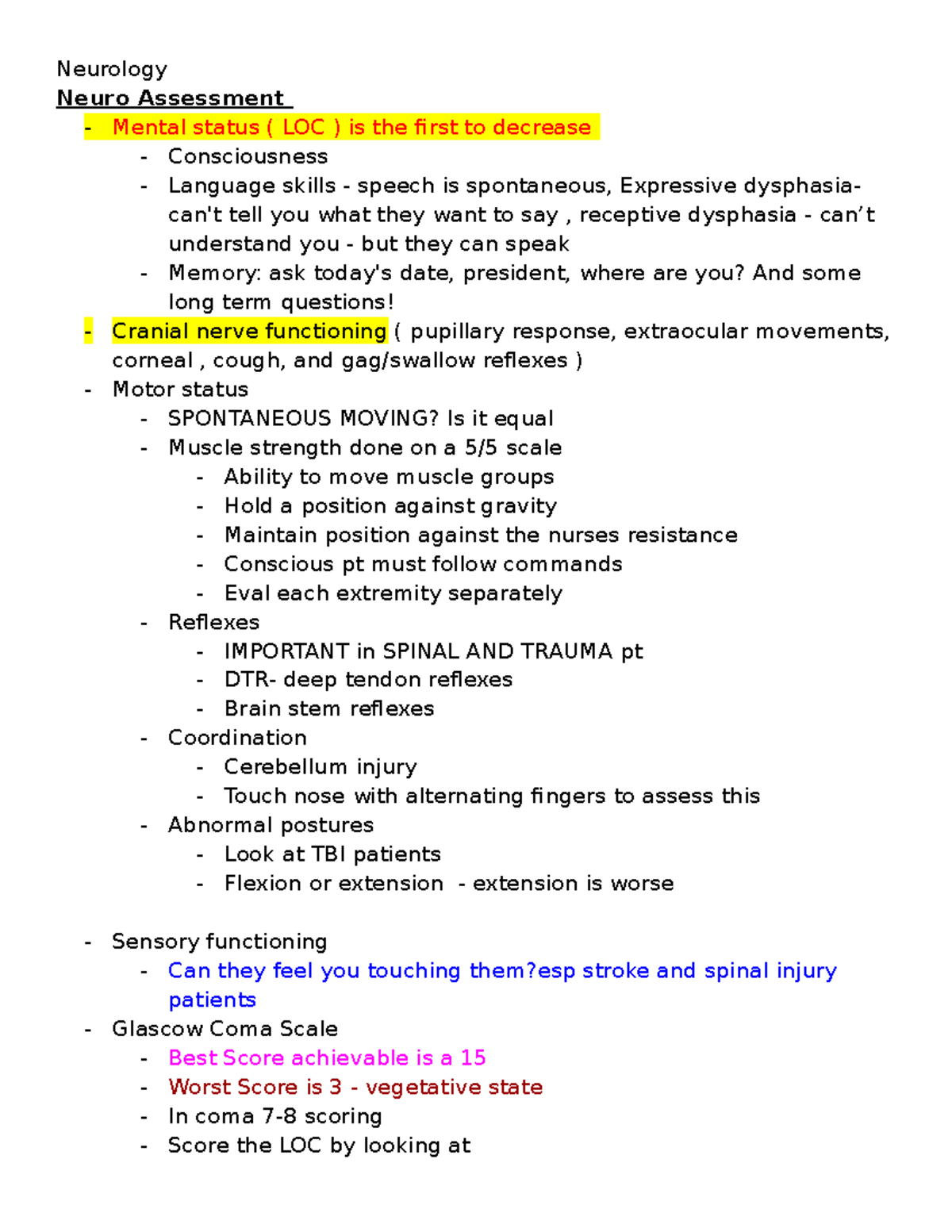 Neuro- Adults - jill rushing - Neurology Neuro Assessment - Mental ...
