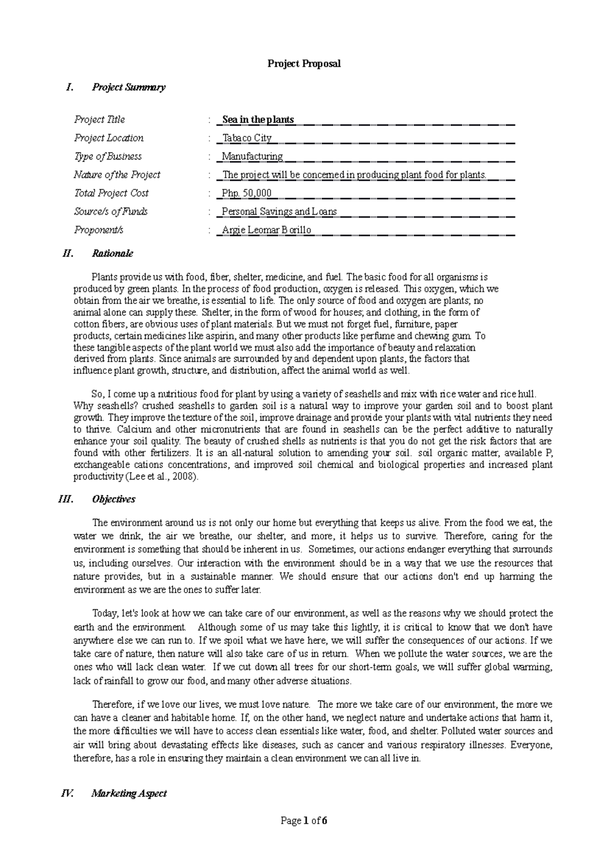 Project Proposal Entrep 2A - Project Proposal I. Project Summary Project Title : Sea in the ...