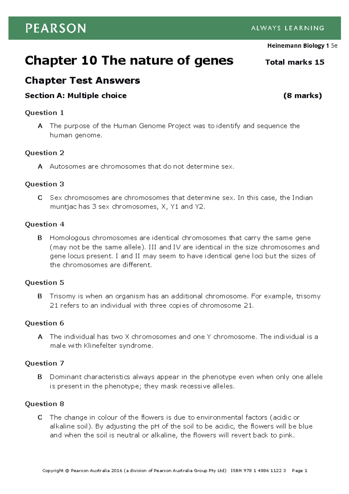 BIO11 CH10 Test Answers - Chapter 10 The nature of genes Total marks 15 ...
