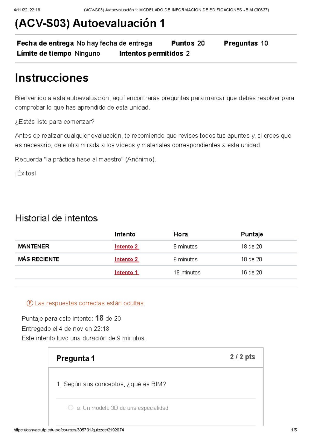 (ACV-S03) Autoevaluación 1 Modelado DE Informacion DE Edificaciones - BIM (30637) - (ACV-S03 ...