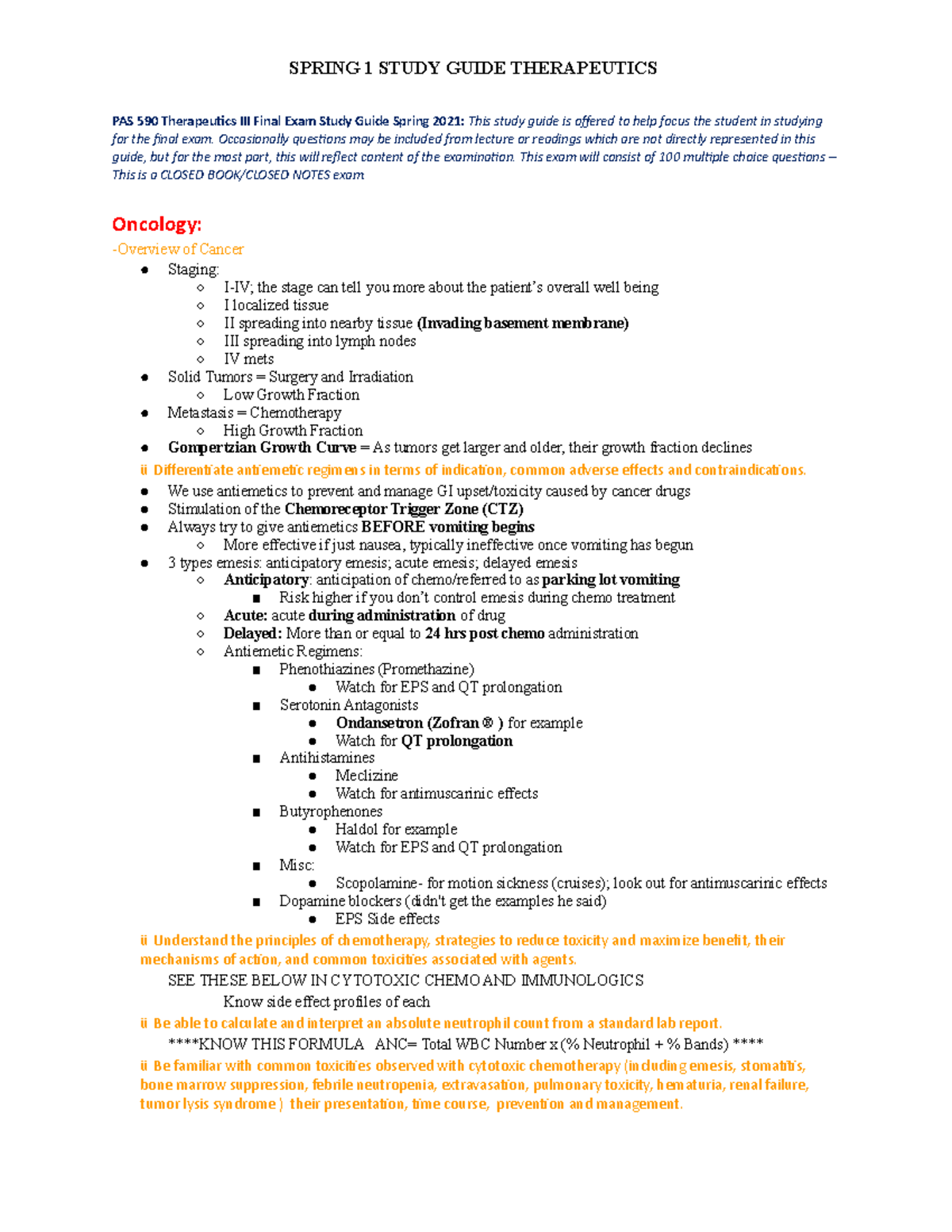 Spring 1 Ther Final Study Guide - SPRING 1 STUDY GUIDE THERAPEUTICS PAS ...