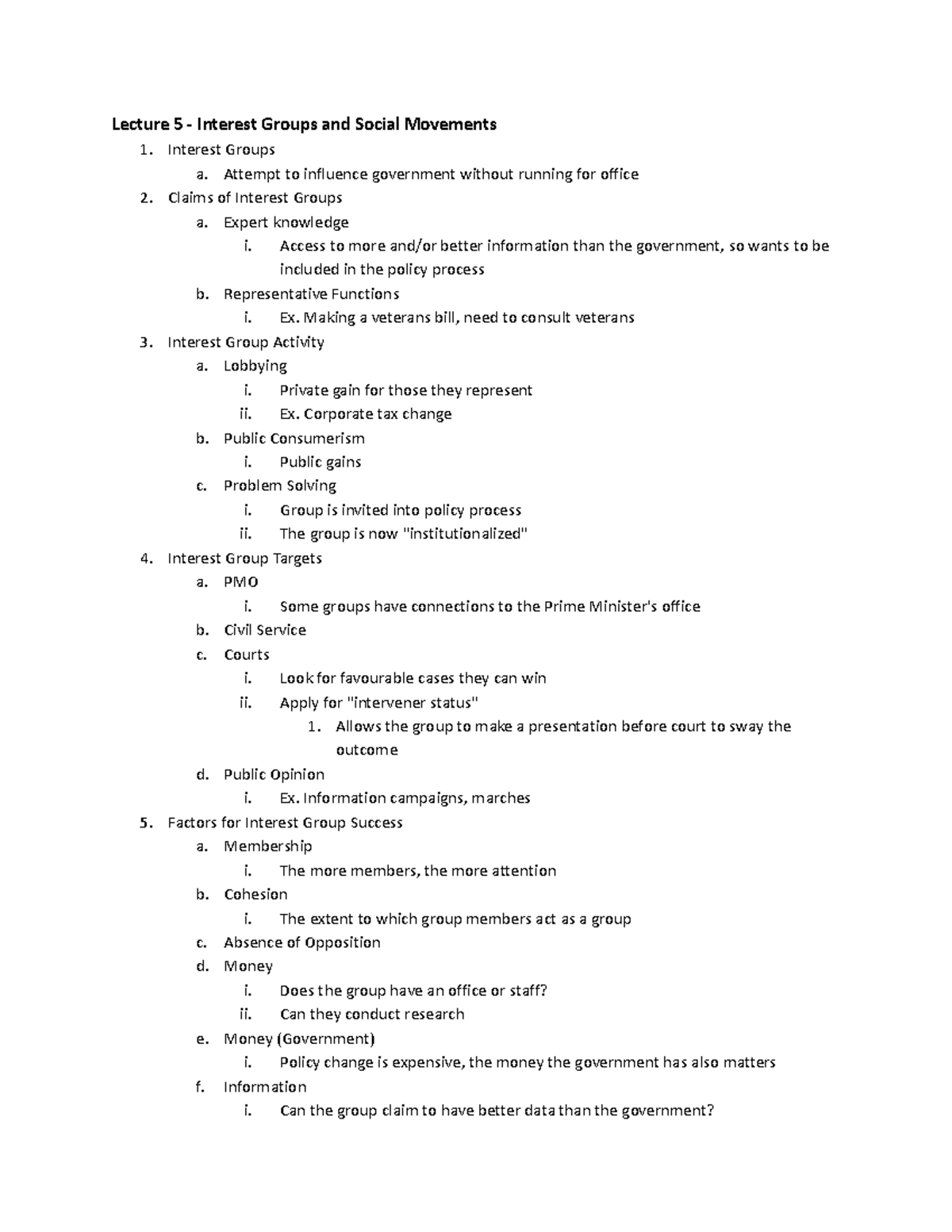 POL S 225 Lecture 5/6 Notes - Lecture 5 - Interest Groups and Social ...