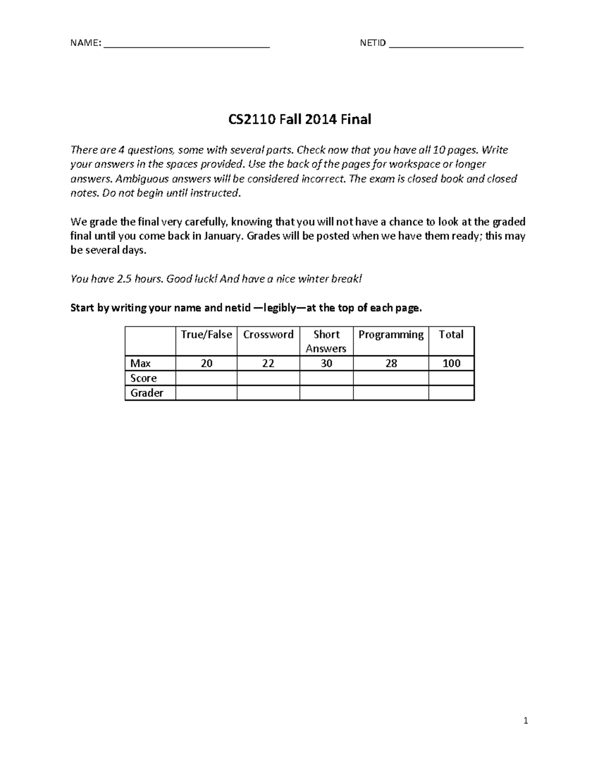 Finalcs 2110fa14 - Past Finals from CS 2110 taught by Professor David ...