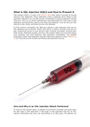 SQL Injection - SQL Injection SQL injection is a code injection ...