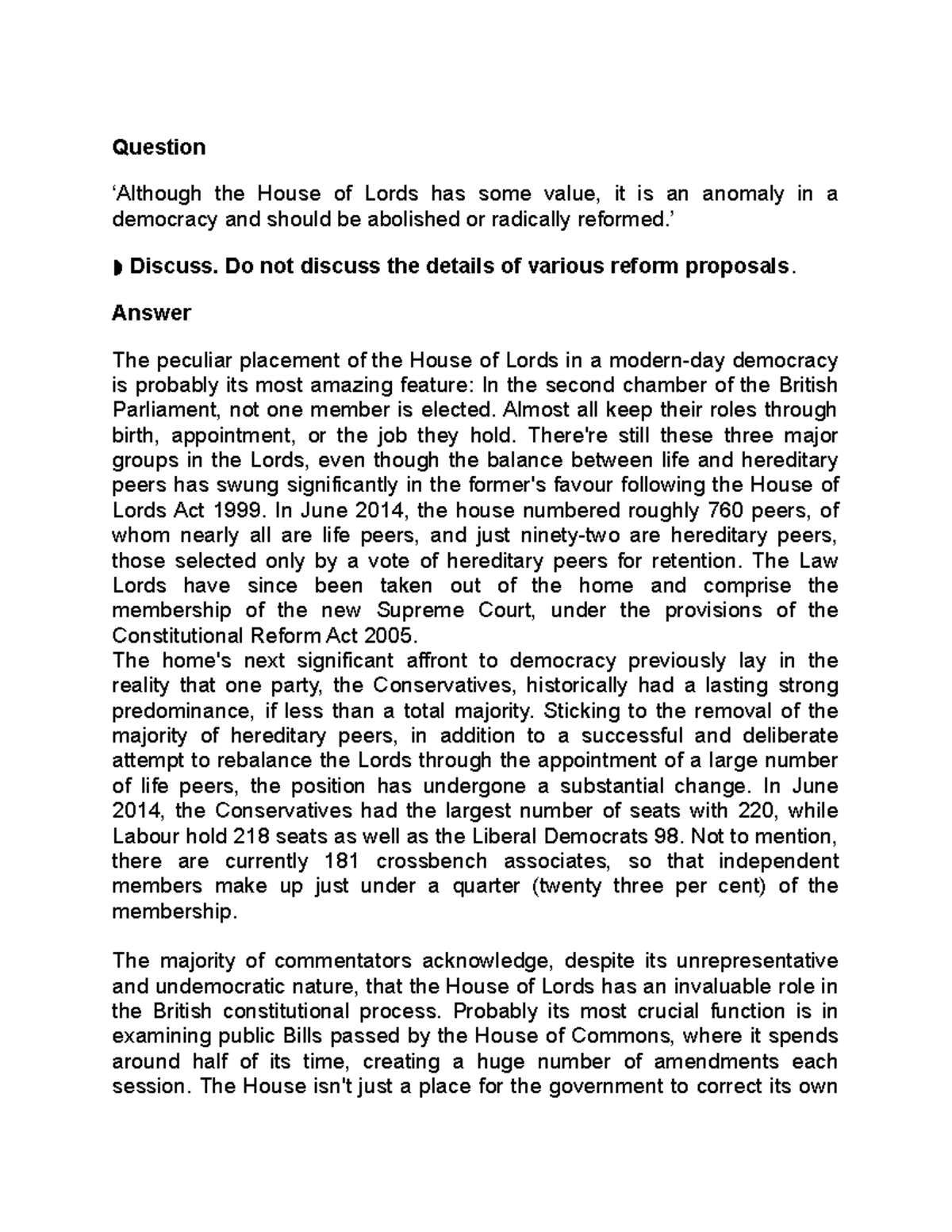 House of Lords - ’ Discuss. Do not discuss the details of various ...