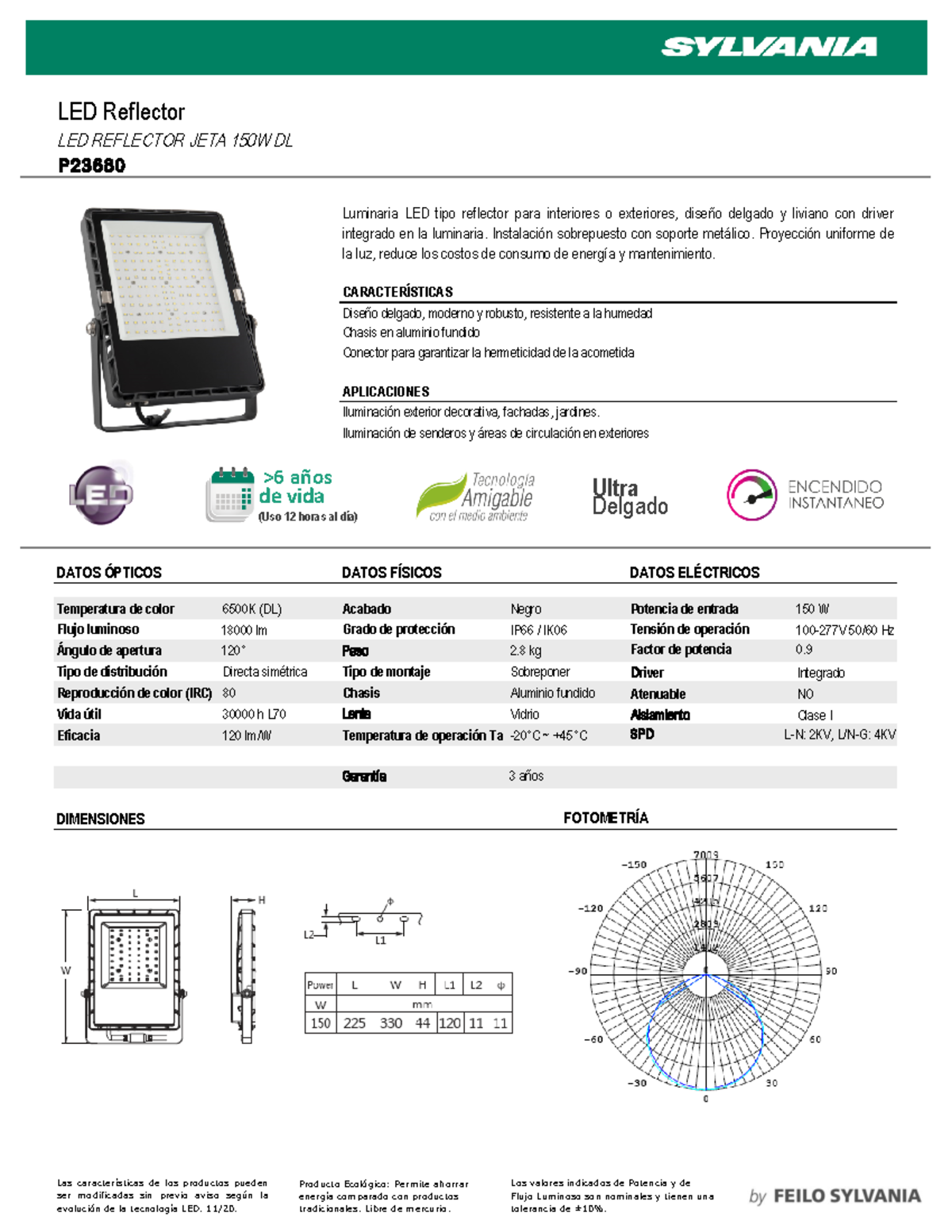 Ficha Técnica - 31323680 - P23680 - Reflector LED JETA 150W 100-277V 18000 lm 6500K IP66 - LED ...